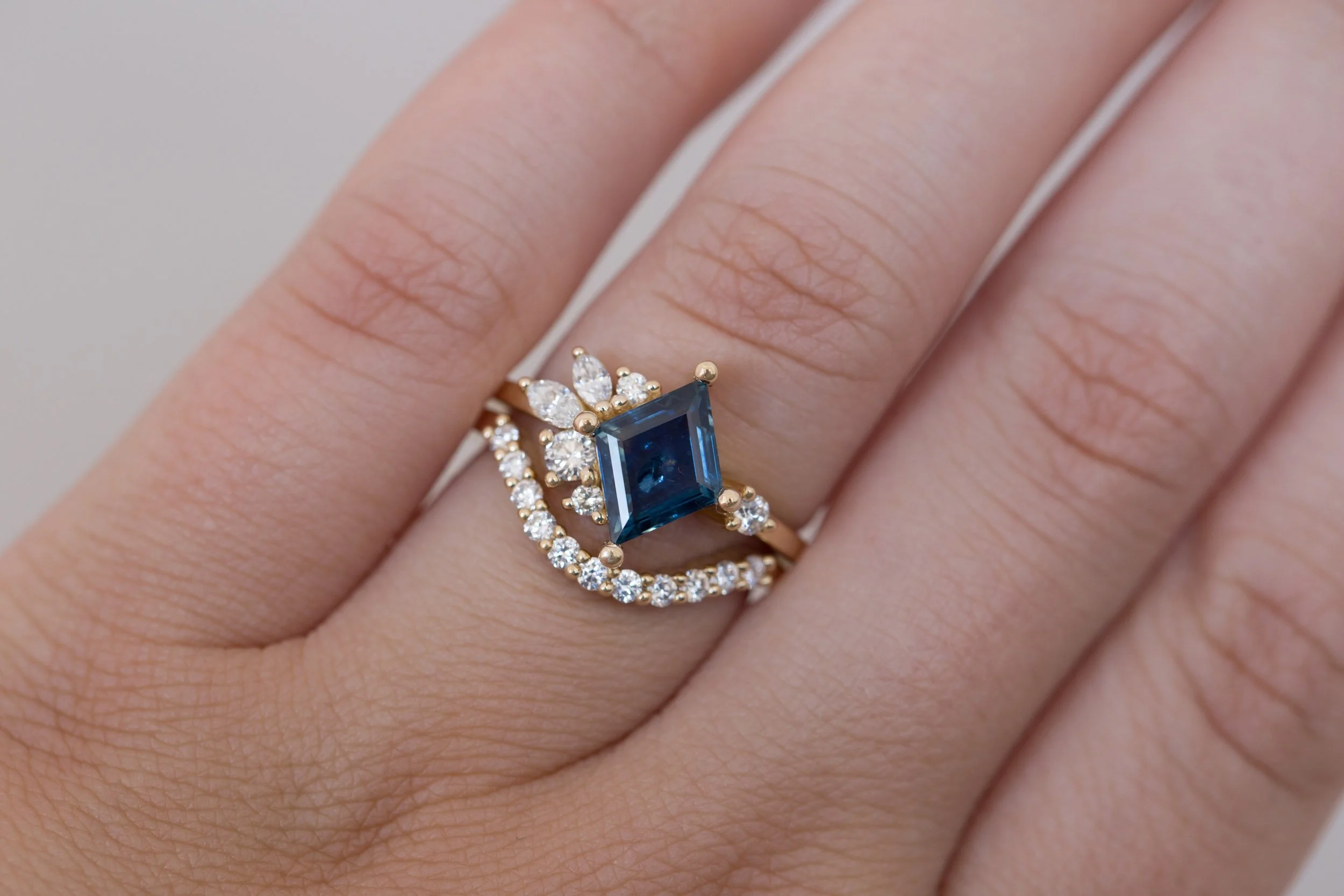 Alden Ring | Teal Sapphire Kite + Diamond Cluster Engagement Ring 1.94 ...
