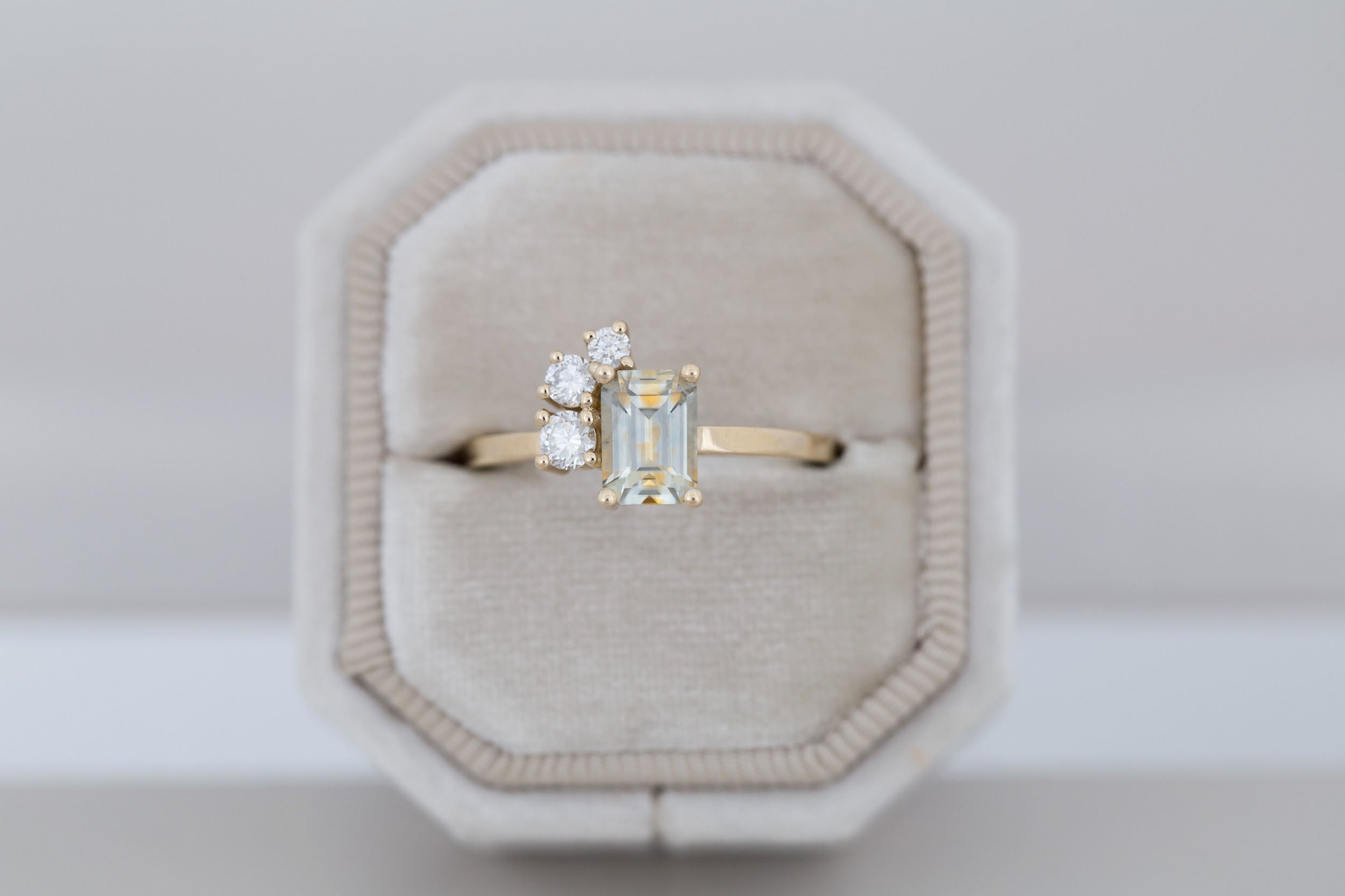 Adra Ring | Bicolor Emerald Cut Sapphire + Diamond Cluster Engagement ...