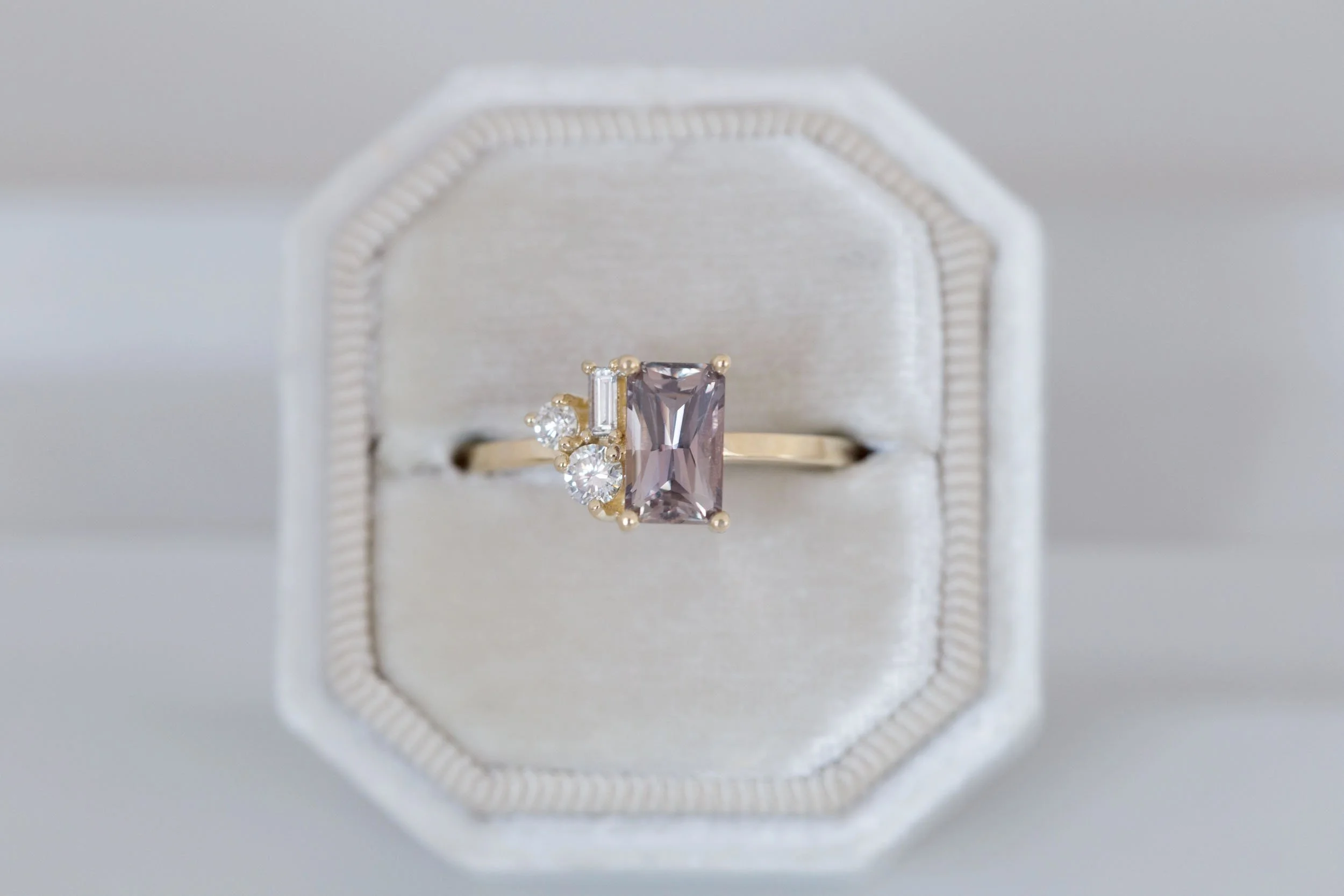 Emory Ring | Mauve Sapphire + Baguette and Round Diamond Cluster ...