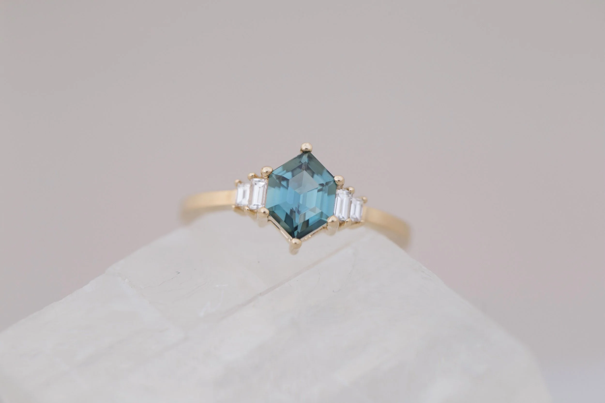 Ash Ring | Teal Hexagonal Sapphire + Diamond Baguette Engagement Ring 1 ...