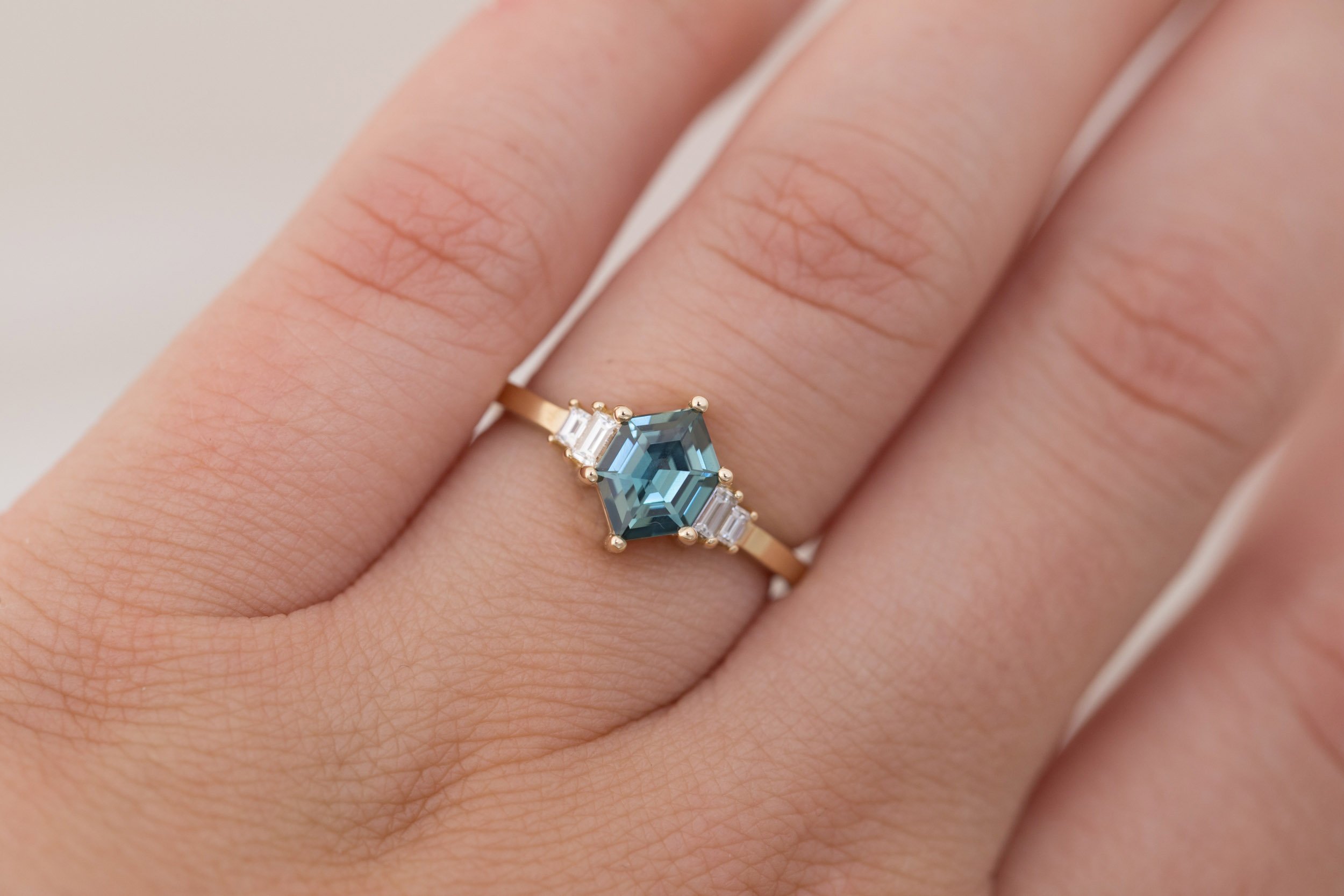 Ash Ring | Teal Hexagonal Sapphire + Diamond Baguette Engagement Ring 1 ...