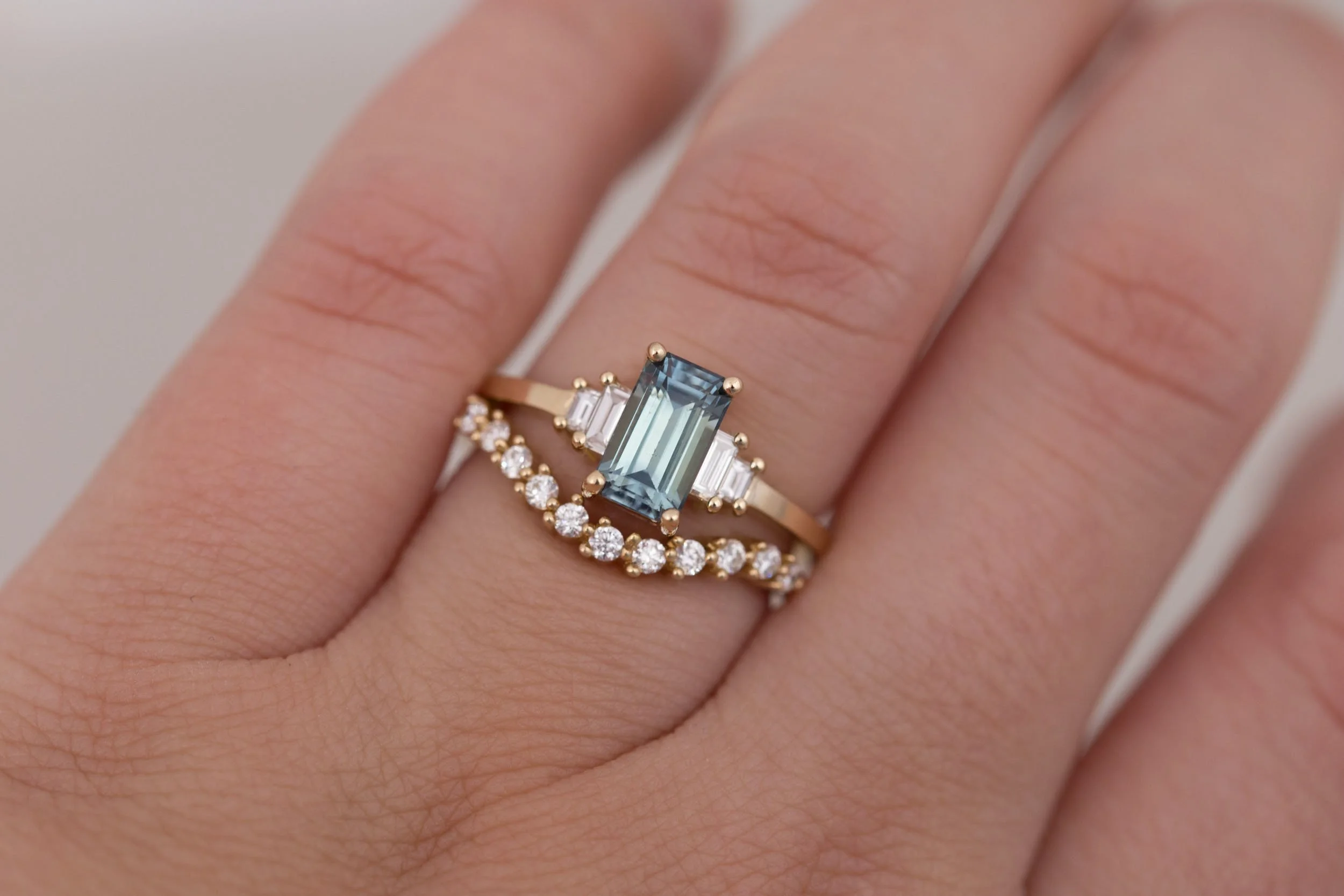 Ash Ring | Teal Emerald Cut Montana Sapphire + Diamond Baguette ...