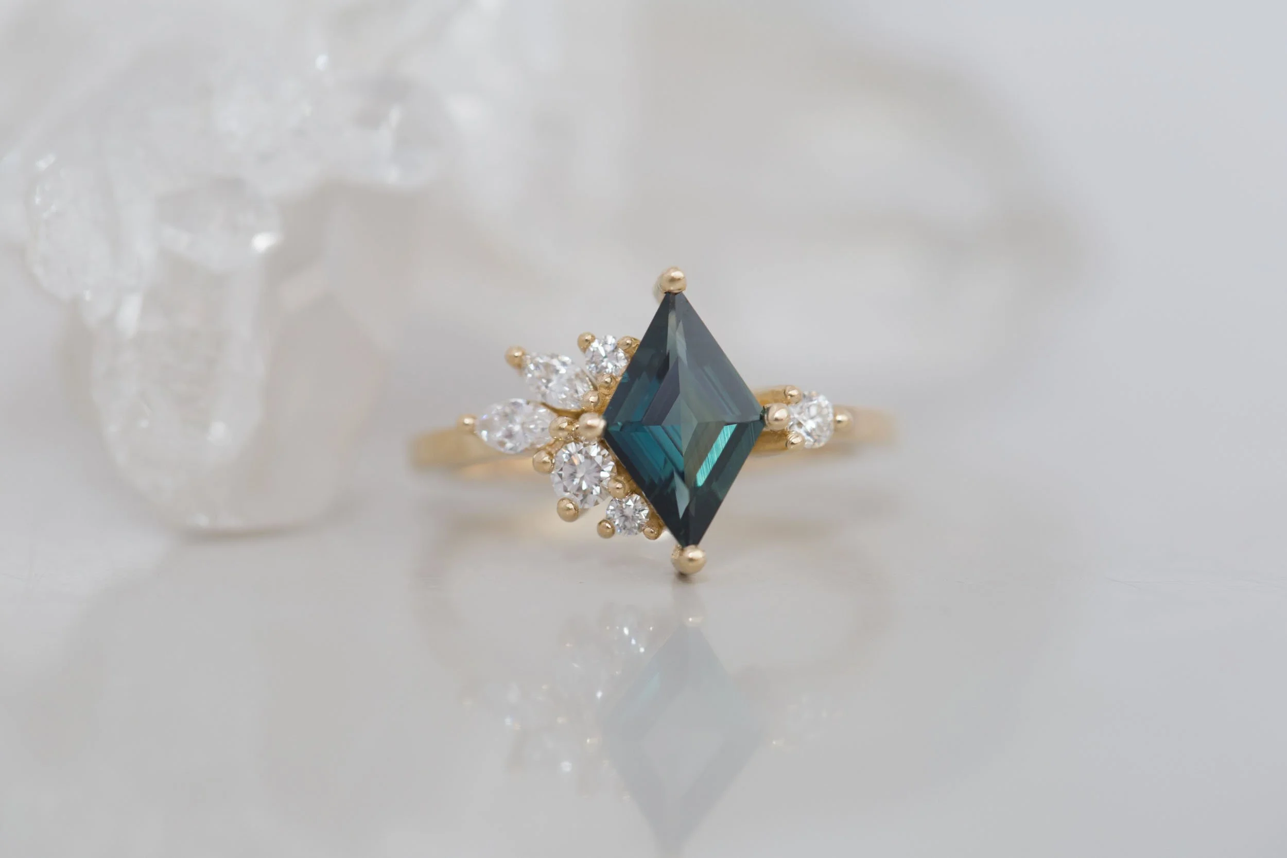 Alden Ring | Teal Sapphire Kite + Diamond Cluster Engagement Ring 1.14 ...