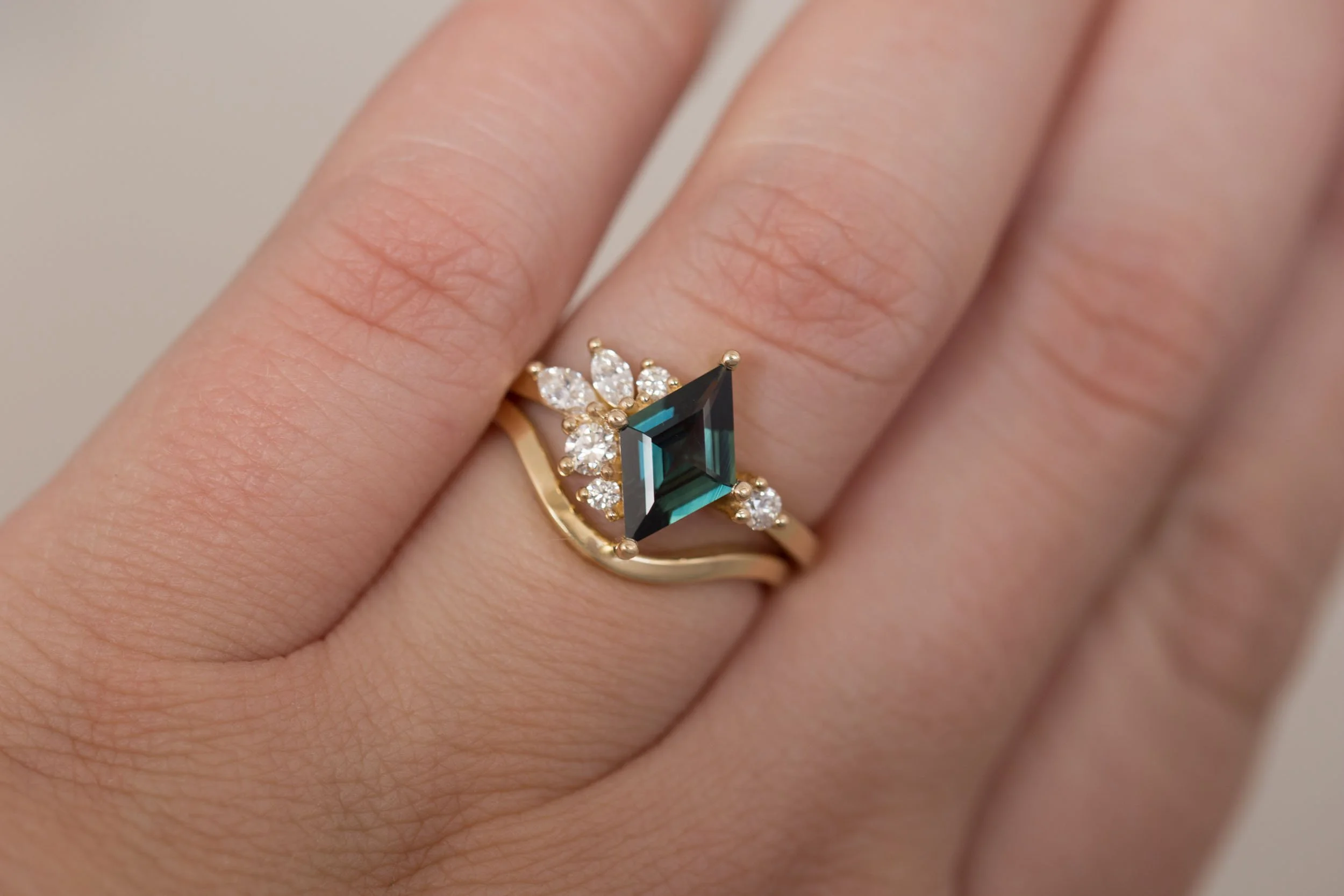 Alden Ring | Teal Sapphire Kite + Diamond Cluster Engagement Ring 1.14 ...