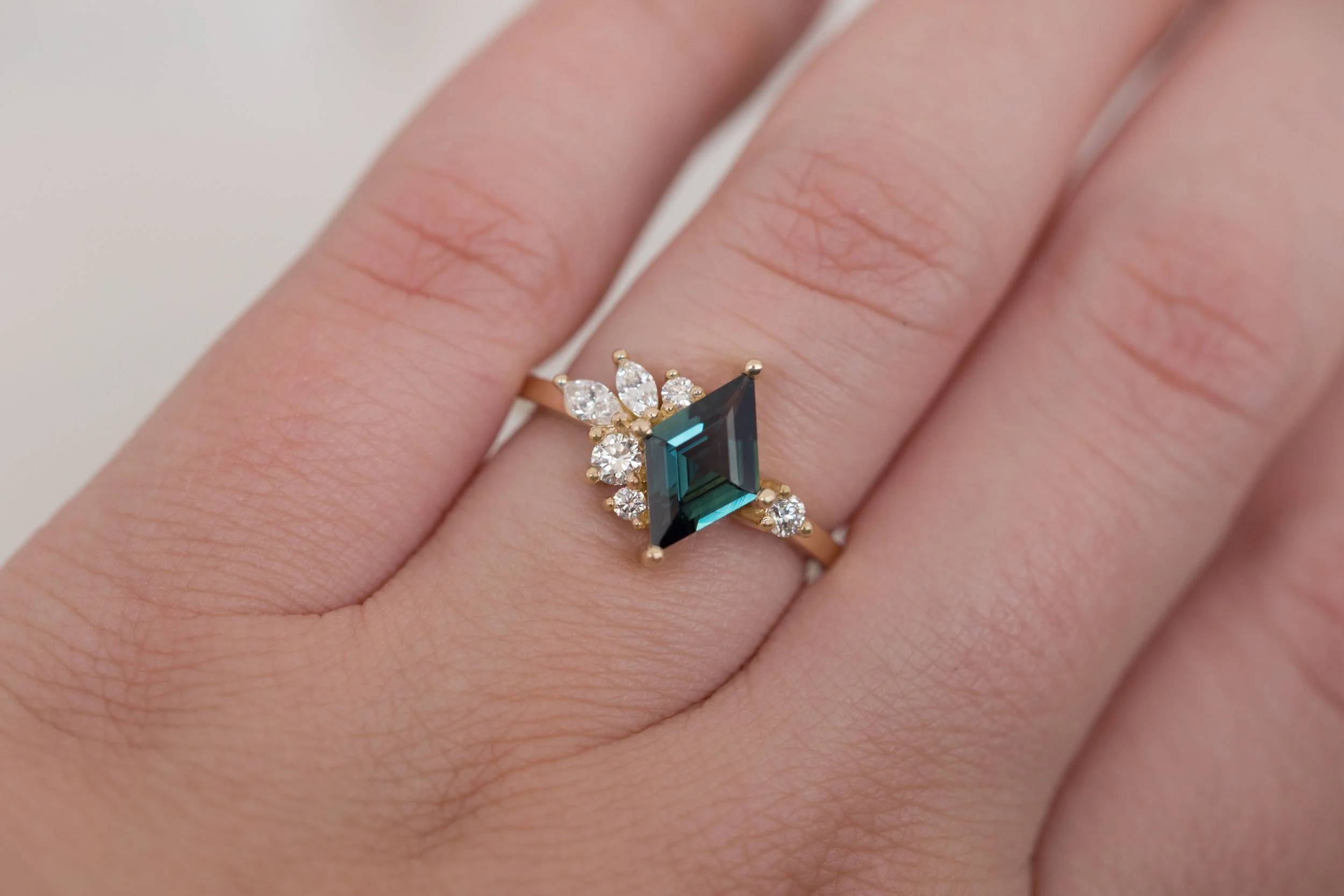 Alden Ring | Teal Sapphire Kite + Diamond Cluster Engagement Ring 1.14 ...