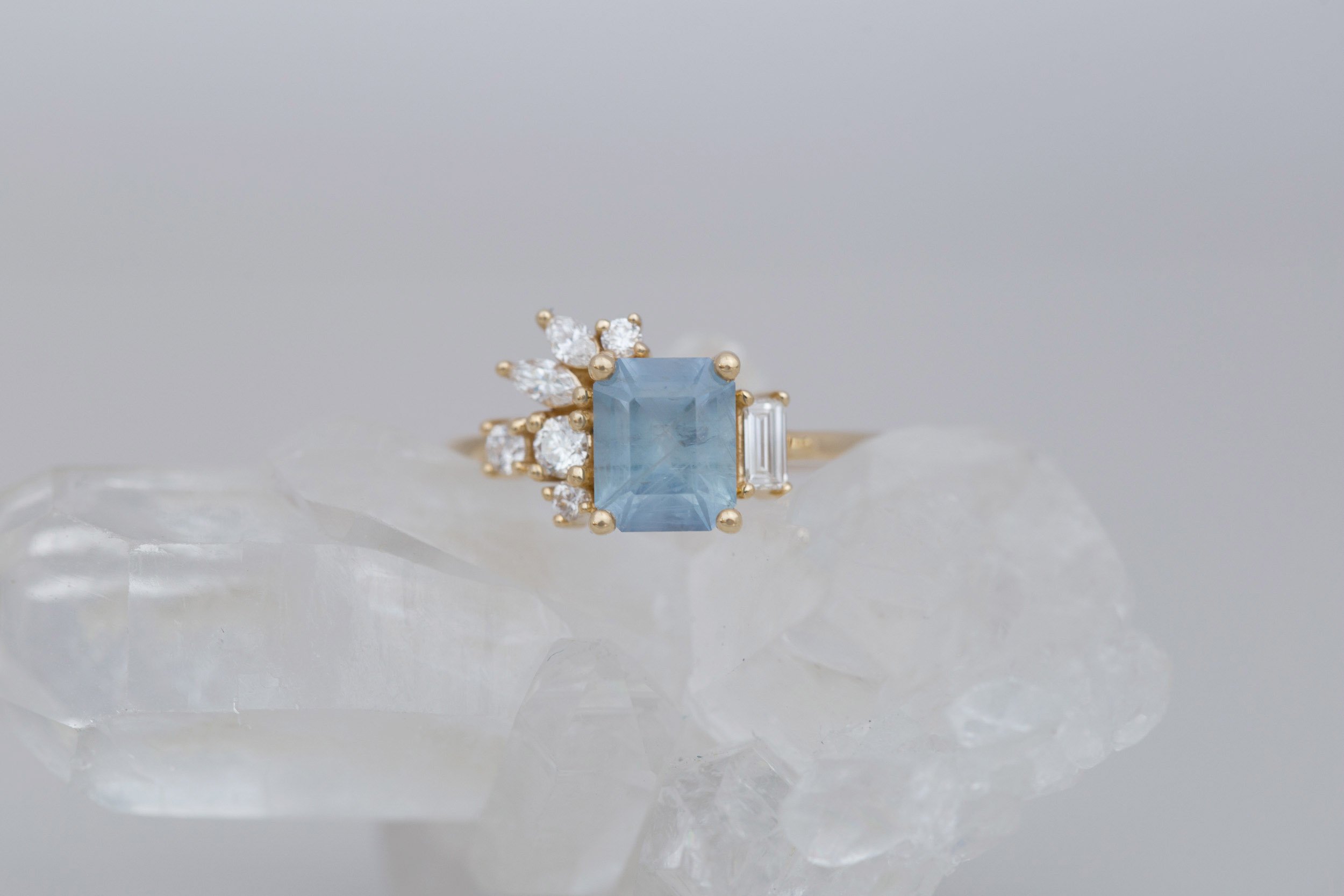 Iona Ring | Icy Blue Emerald Cut Sapphire + Diamond Cluster Engagement ...