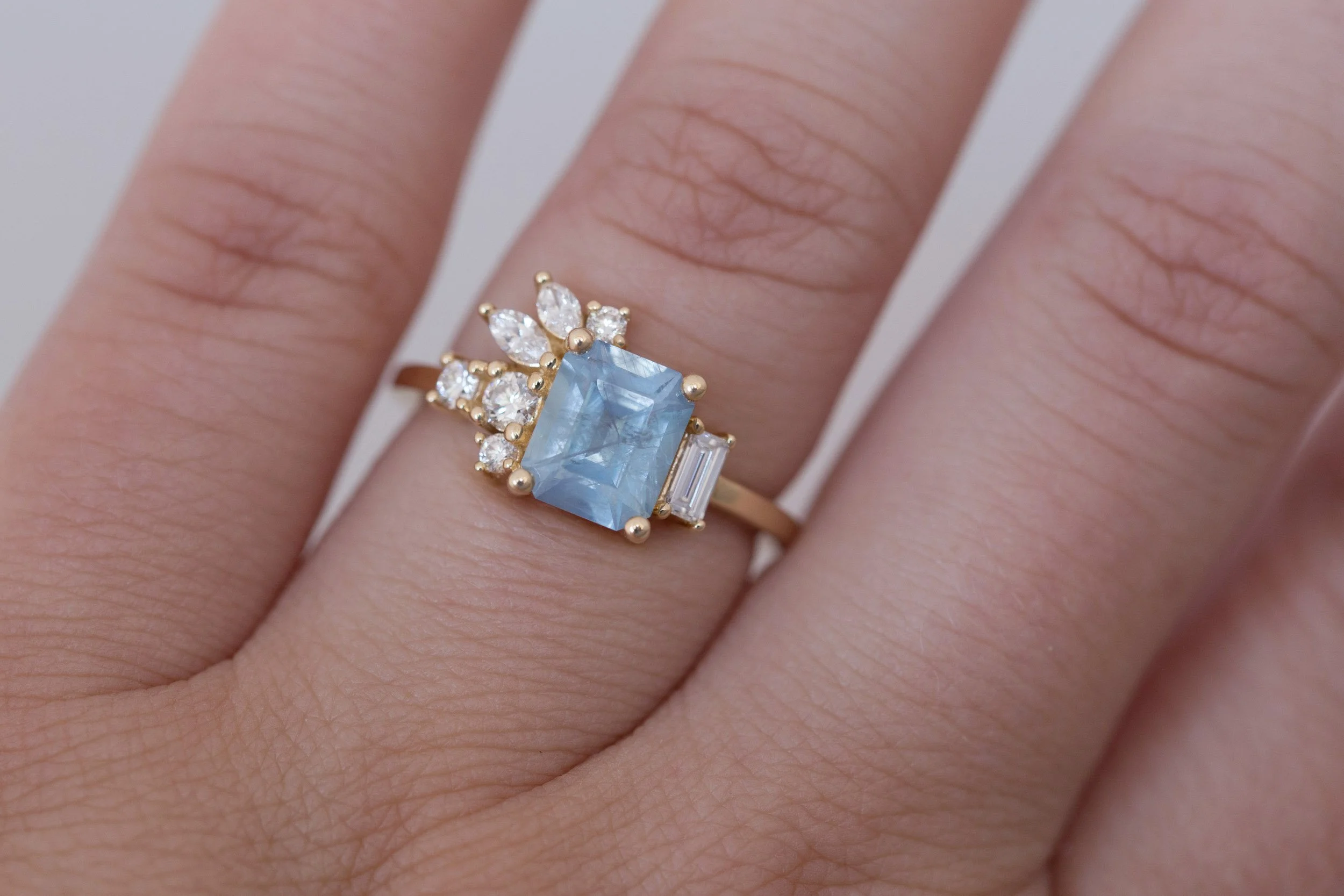 Iona Ring | Icy Blue Emerald Cut Sapphire + Diamond Cluster Engagement Ring 2.06 ct | 14k ...