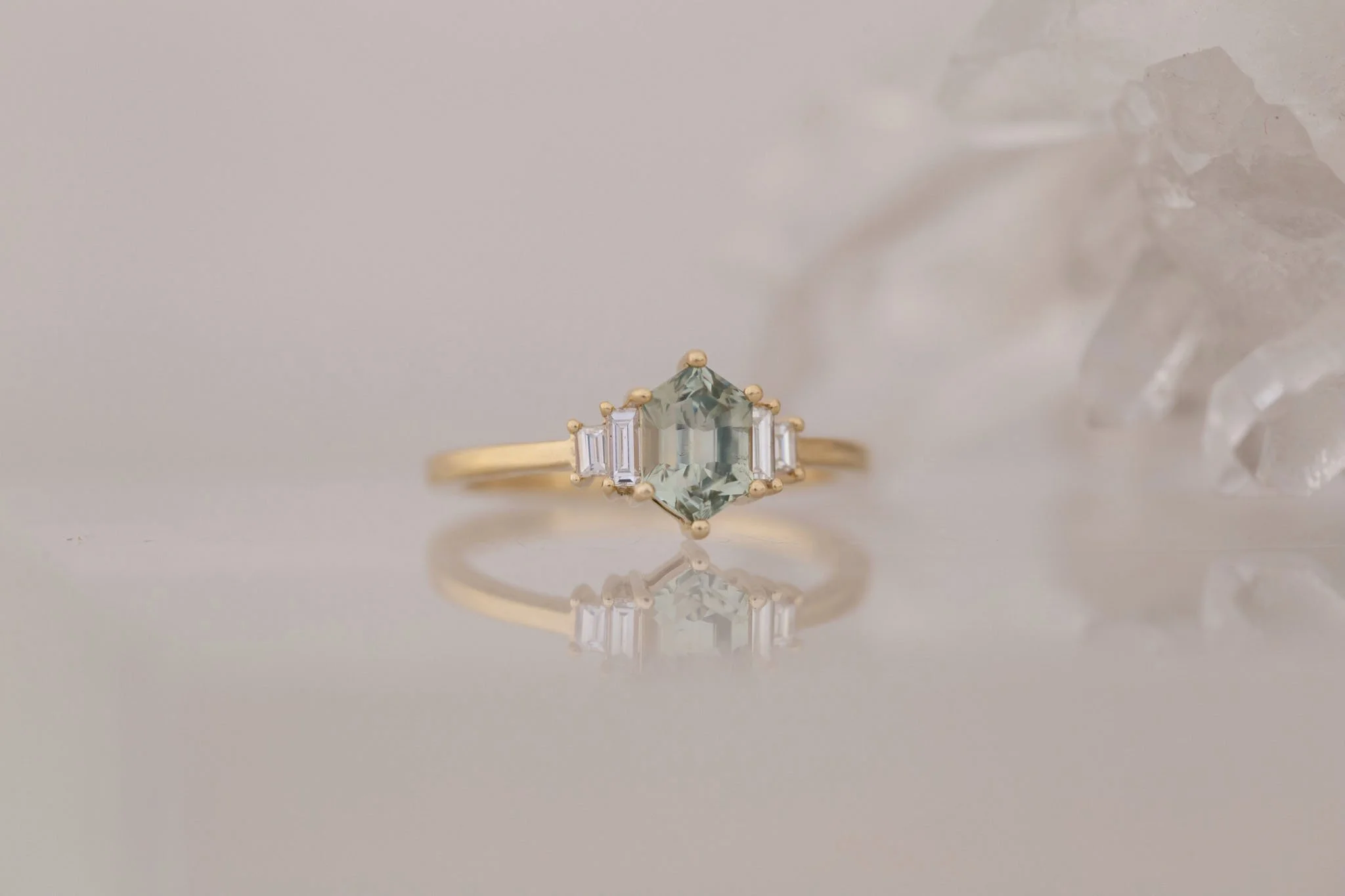 Ash Ring | Mint Montana Hexagonal Sapphire + Diamond Baguette ...