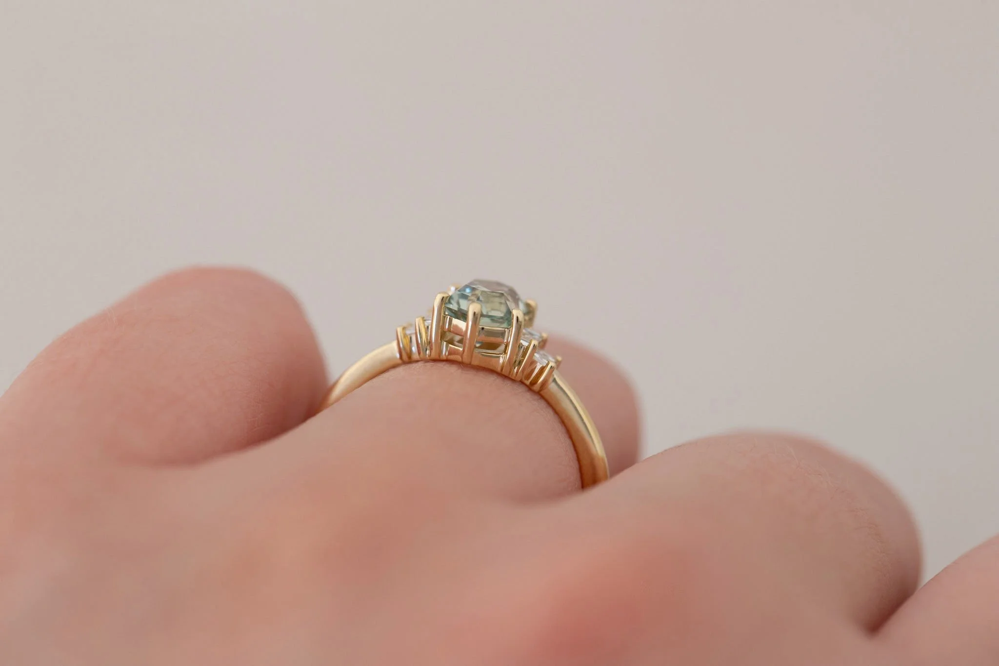Ash Ring | Mint Montana Hexagonal Sapphire + Diamond Baguette ...