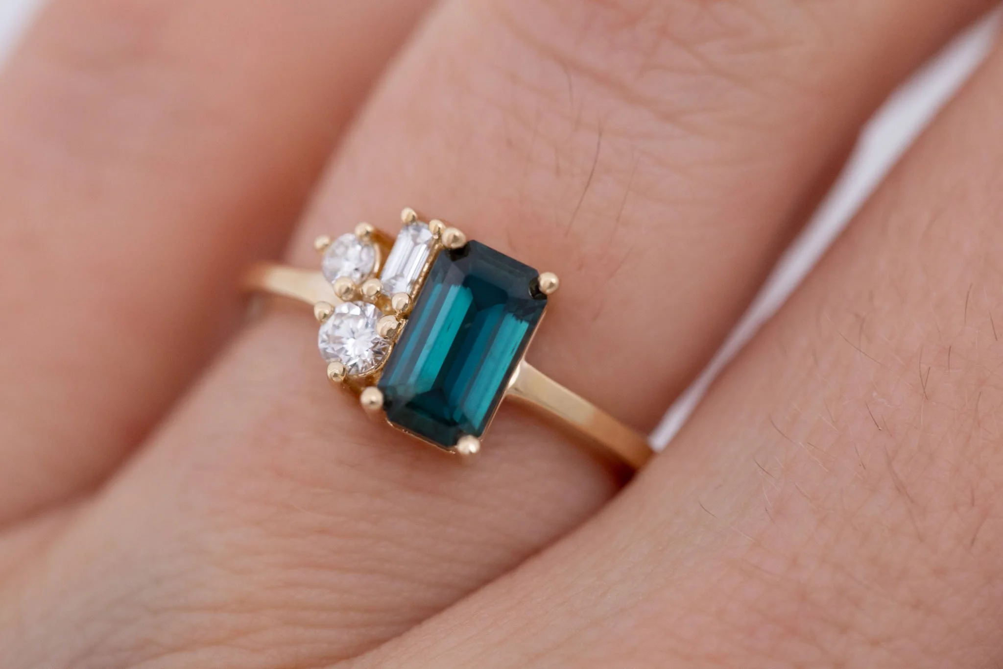 Emory Ring | Teal Sapphire + Baguette and Round Diamond Cluster ...