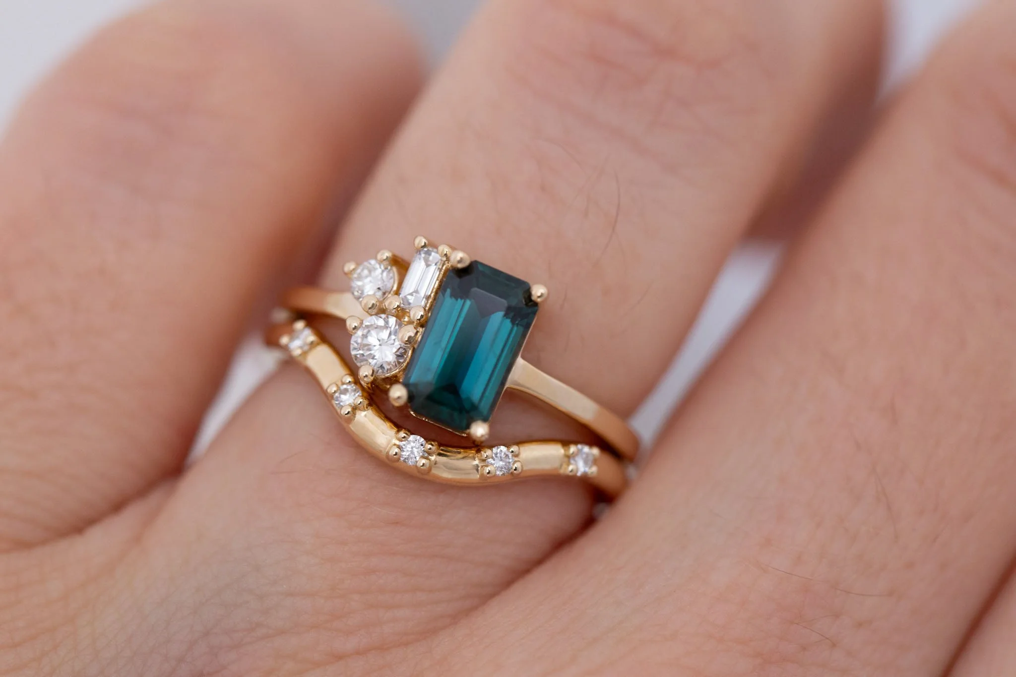 Emory Ring | Teal Sapphire + Baguette and Round Diamond Cluster ...