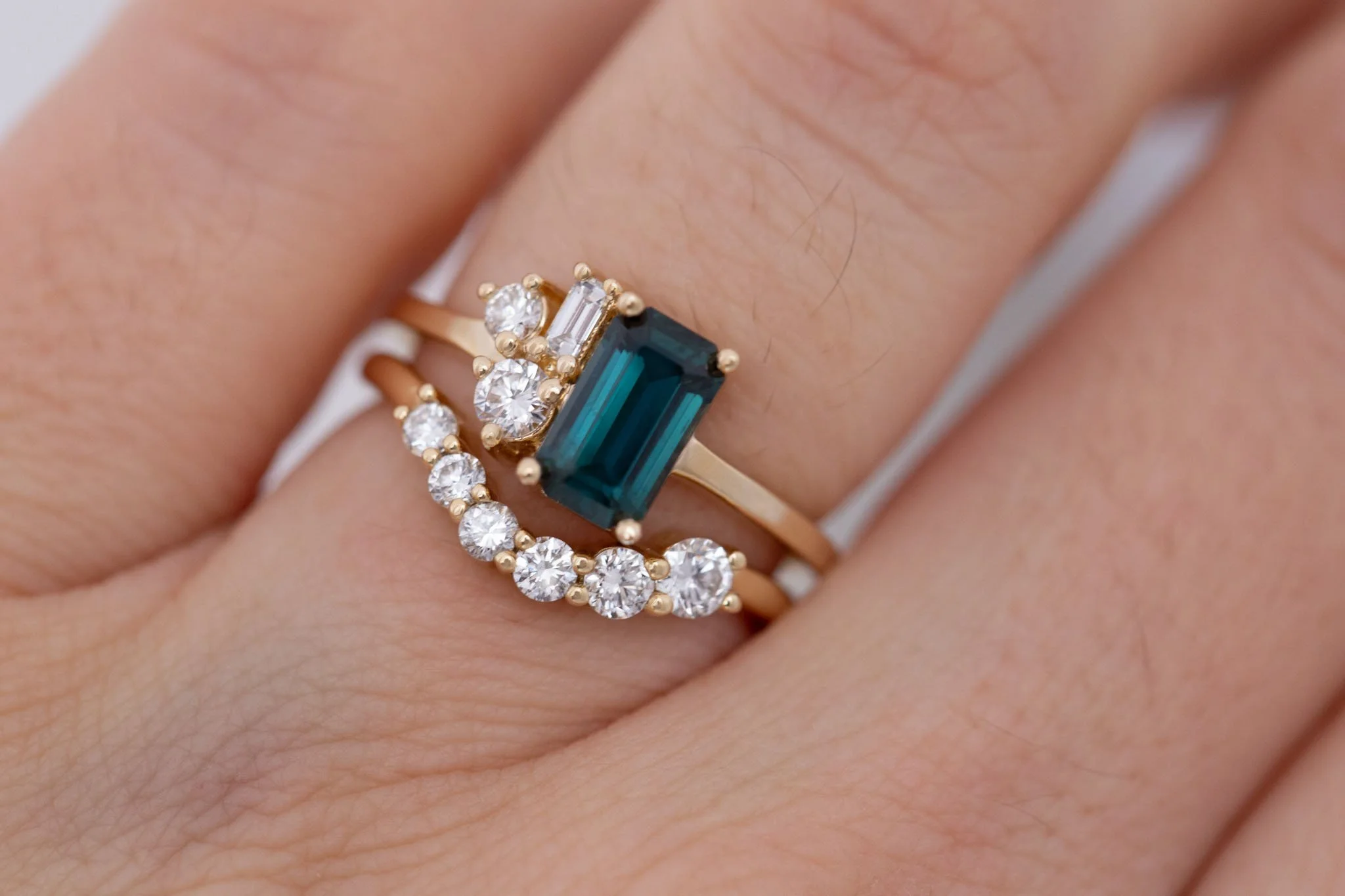 Emory Ring | Teal Sapphire + Baguette and Round Diamond Cluster ...