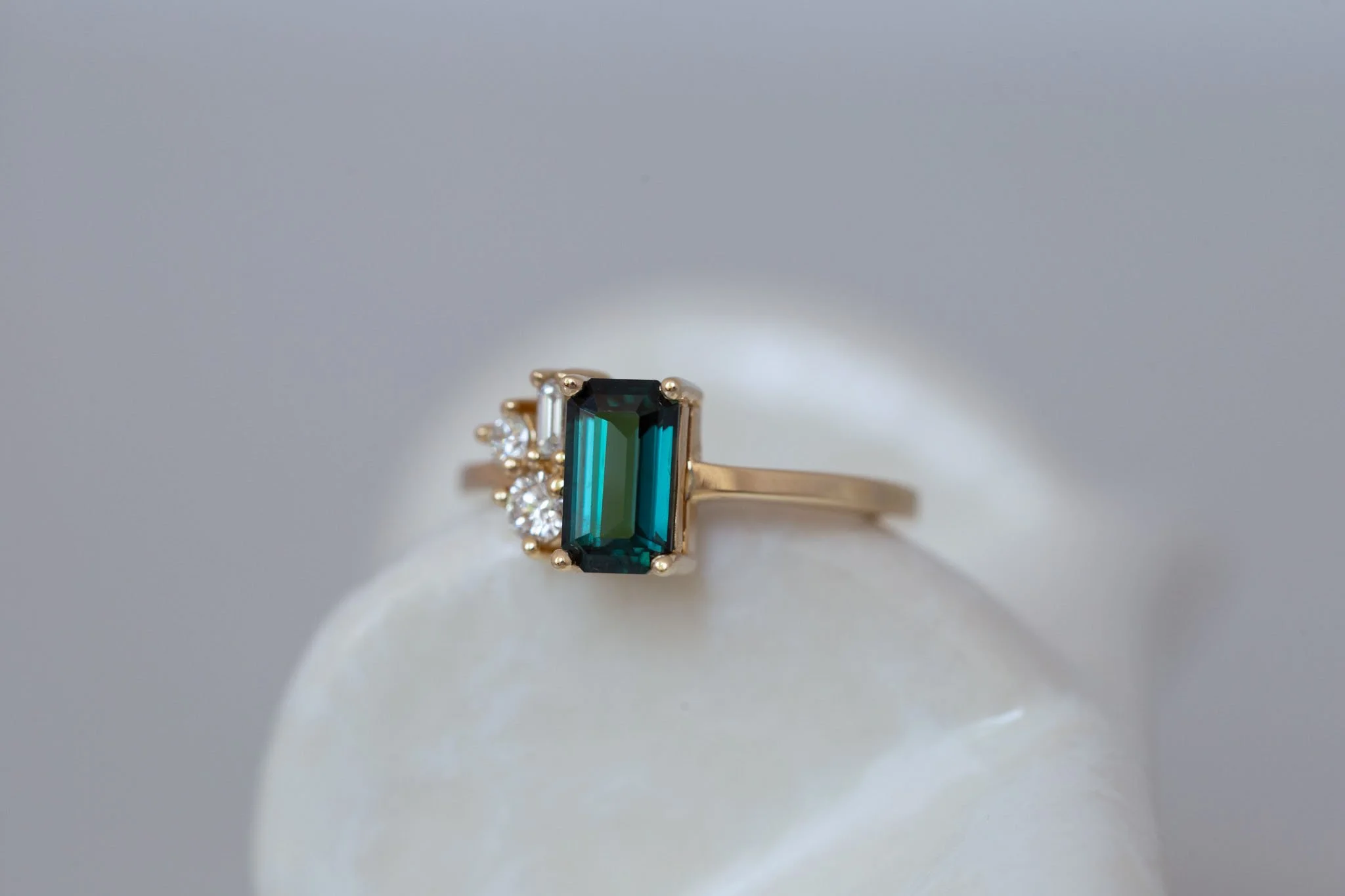Emory Ring | Teal Sapphire + Baguette and Round Diamond Cluster ...
