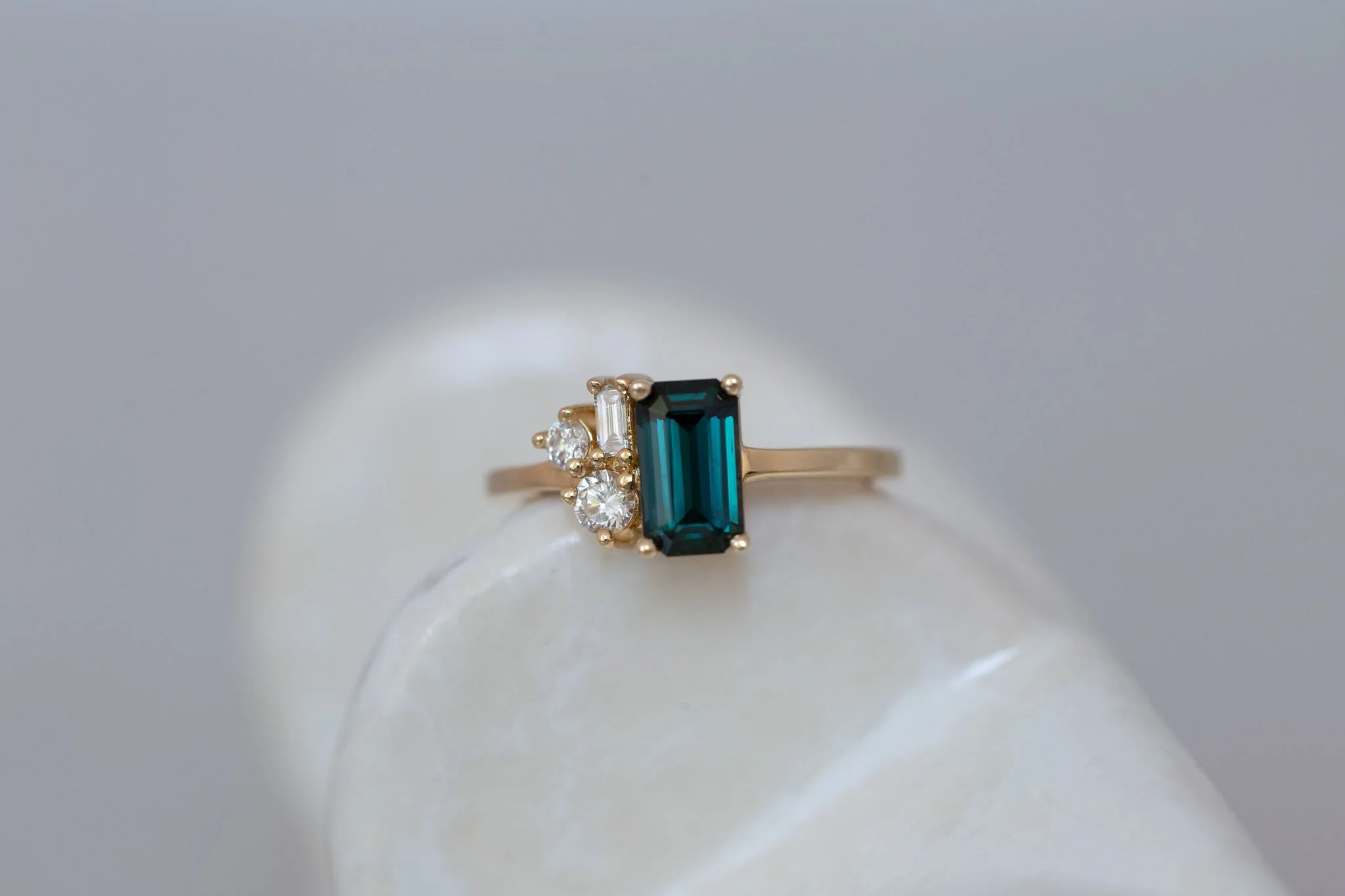 Emory Ring | Teal Sapphire + Baguette and Round Diamond Cluster ...