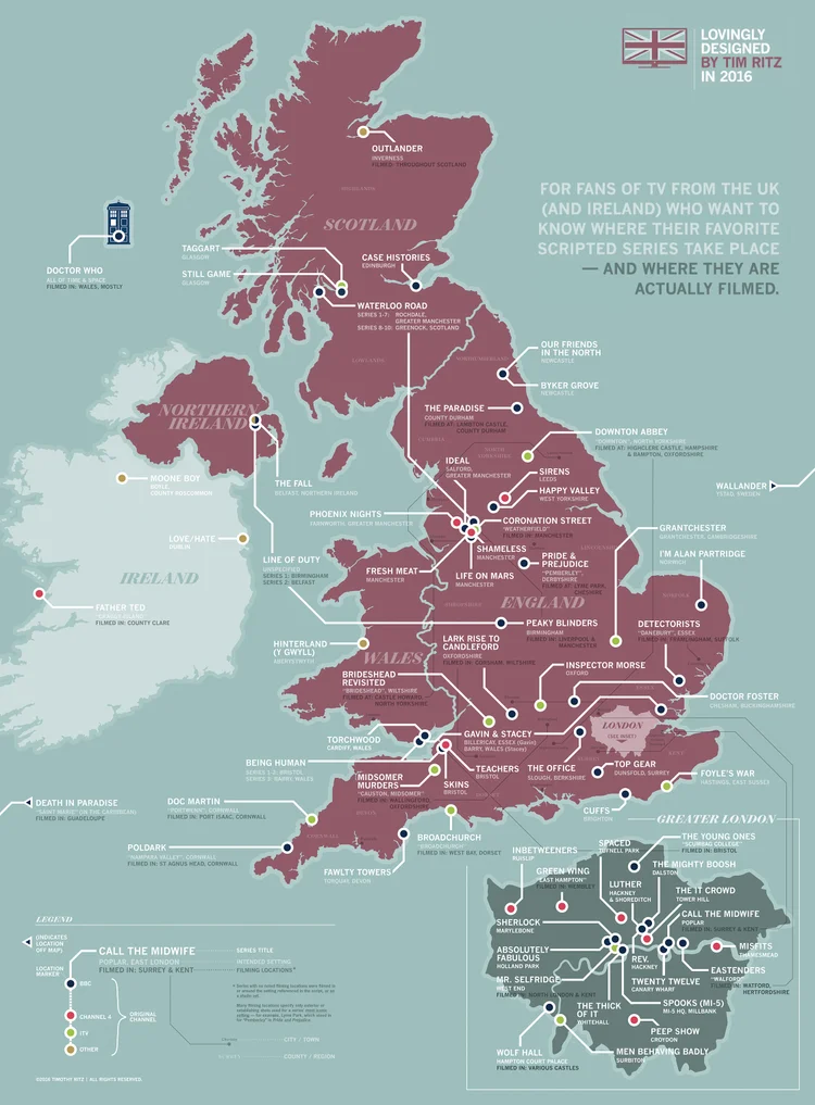 The Great British Television Film Location Map by Graphic Designer Tim ...