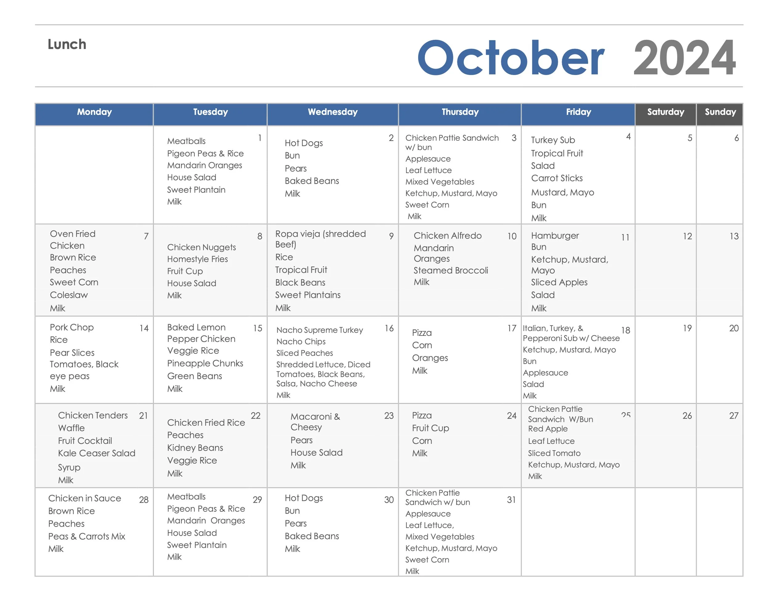 Student Lunch Menus — STELLAR LEADERSHIP ACADEMY