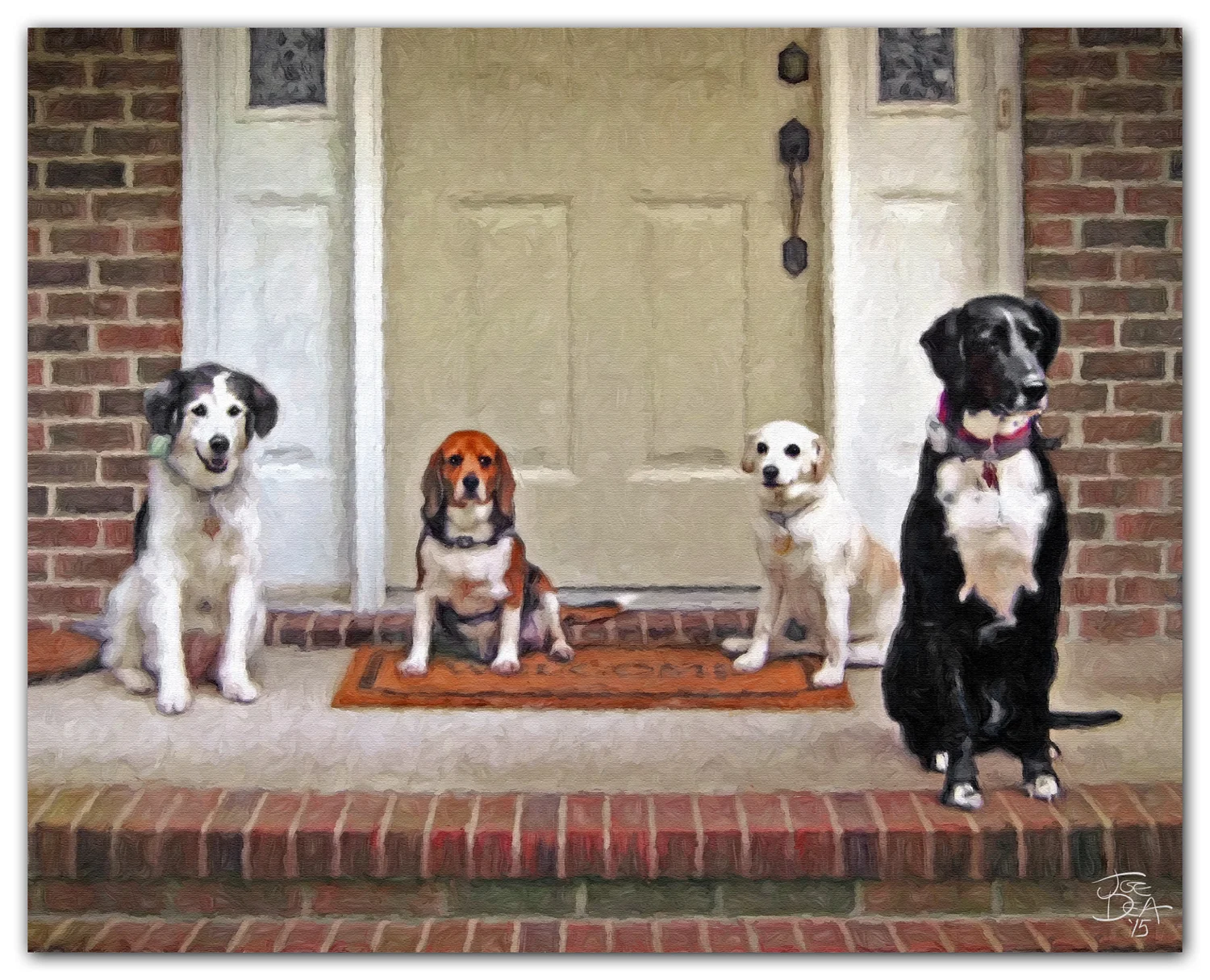 Four Dogs on Front Steps Painting