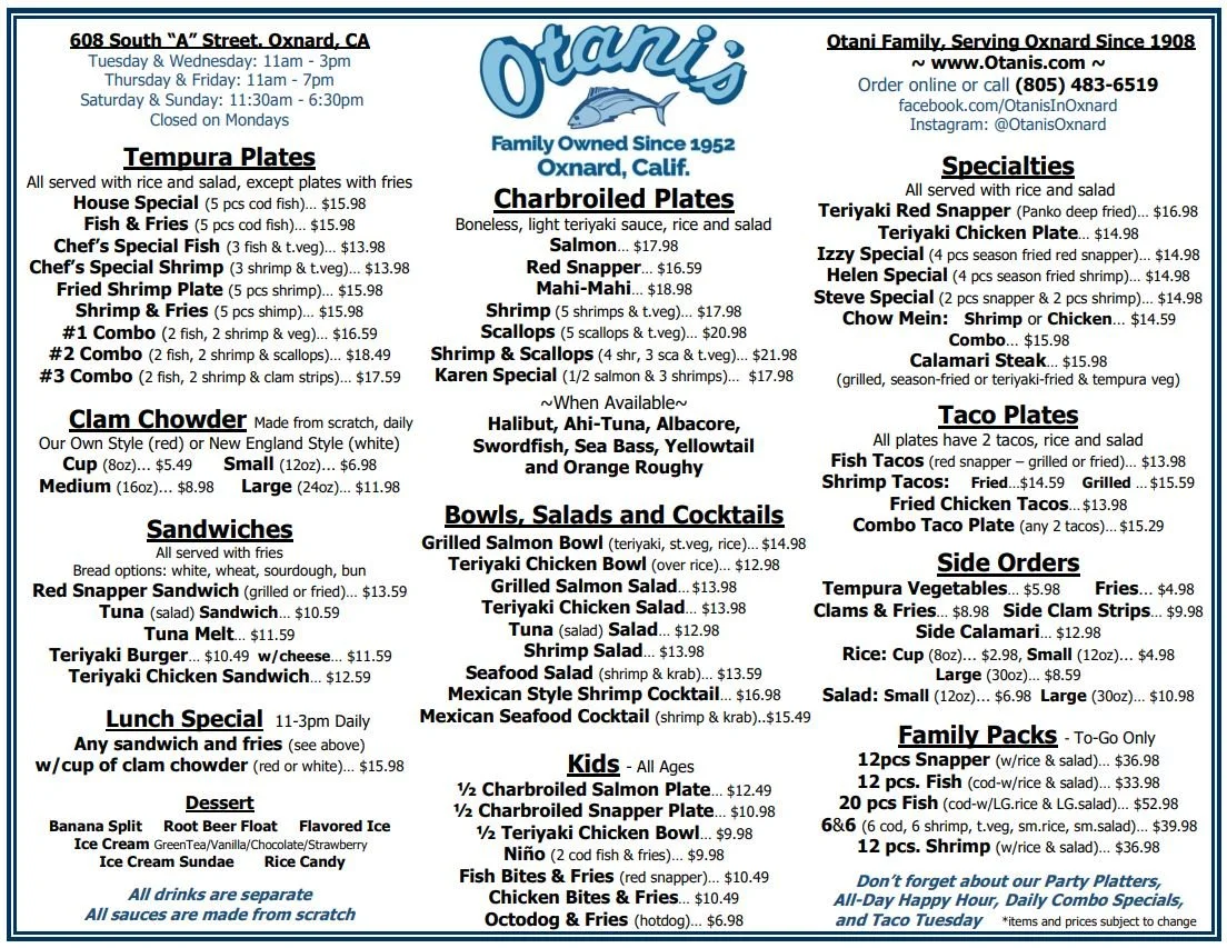 Menu — Otanis Seafood