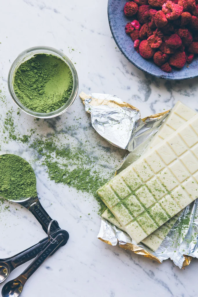 matcha white chocolate bark with coconut and raspberries — Milly's Kitchen