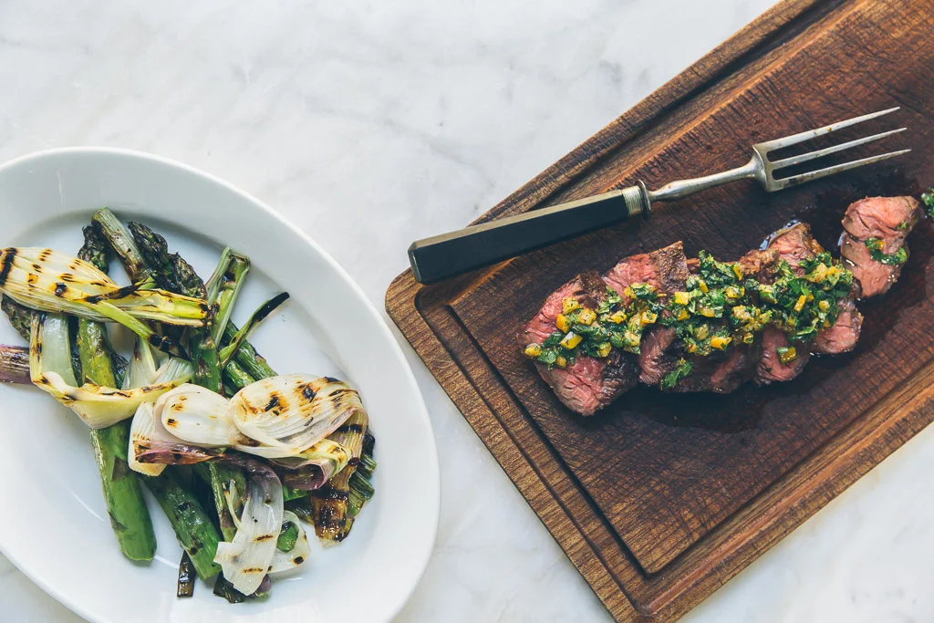grilled hanger steaks with asparagus, spring onions and preserved lemon ...