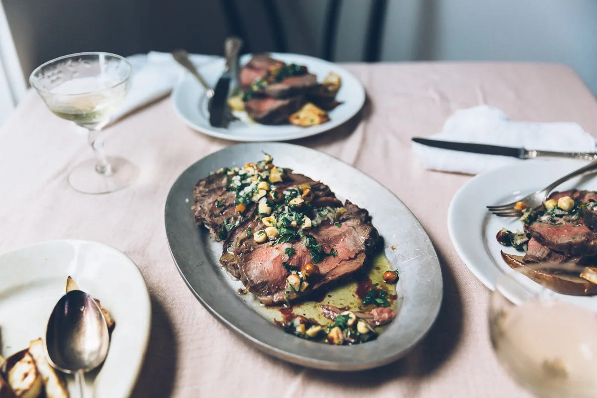 salt-roasted beef with lemon-hazelnut pesto, pears and celery root ...