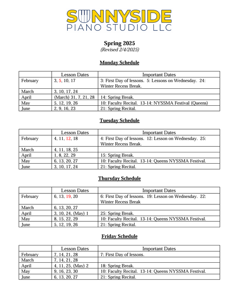 Academic Calendar — Sunnyside Piano Studio LLC
