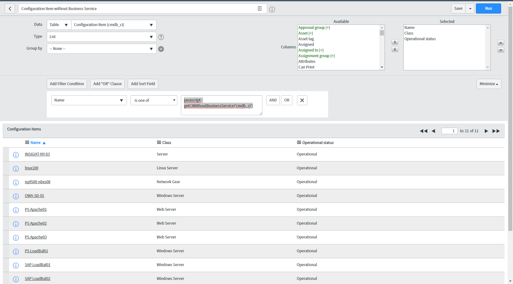Configuration Items without Business Service — ServiceNow Elite