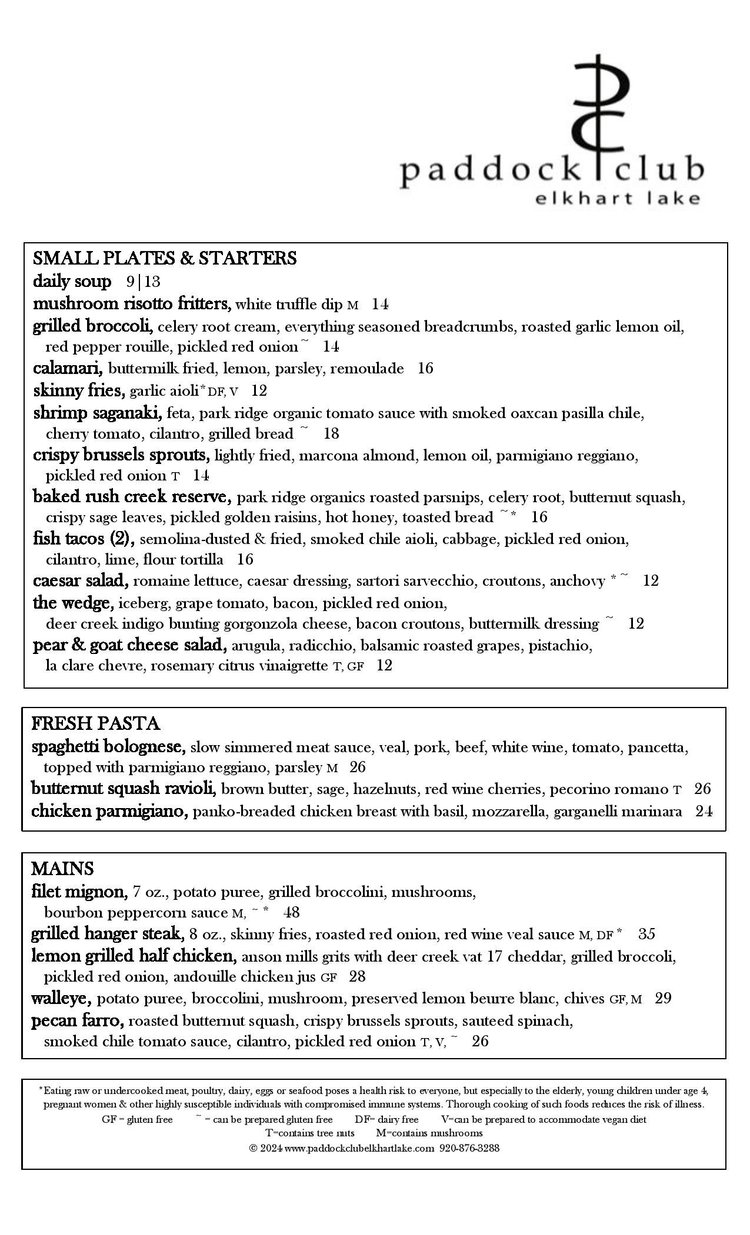 menu — Paddock Club Elkhart Lake