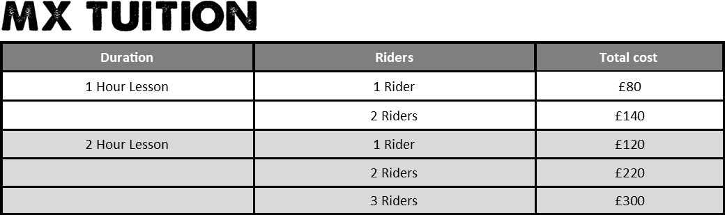 Off Road Activity Price List — Tile Farm Off Road