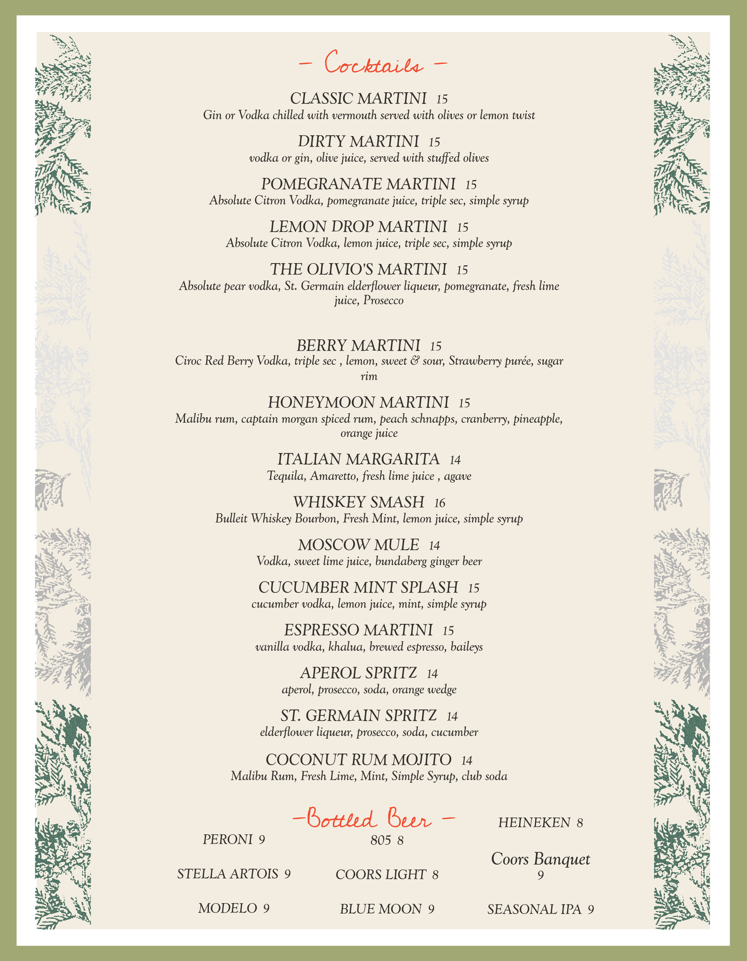 Wine/Alcohol Menu DINE IN — Olivios Trattoria