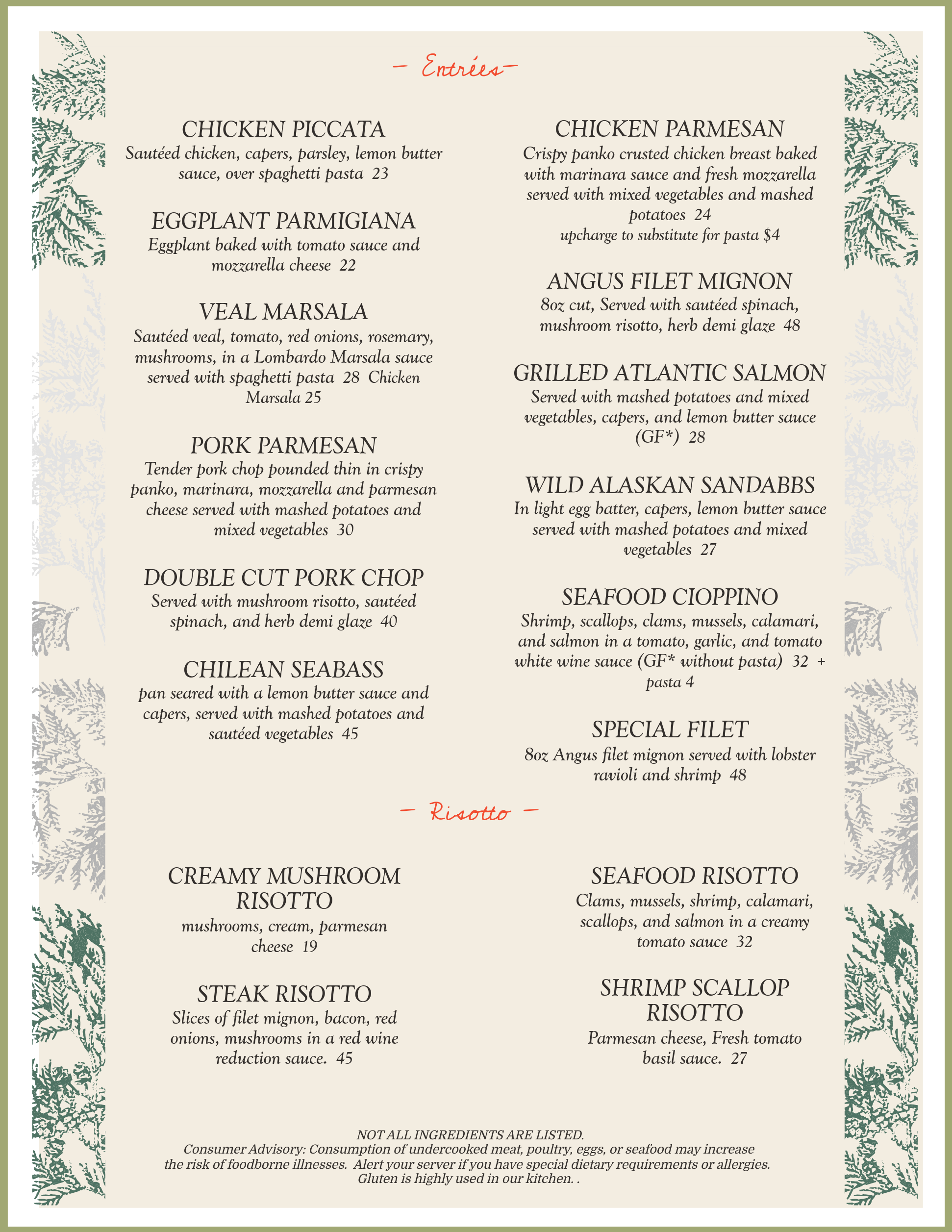 Dinner Menu — Olivios Trattoria