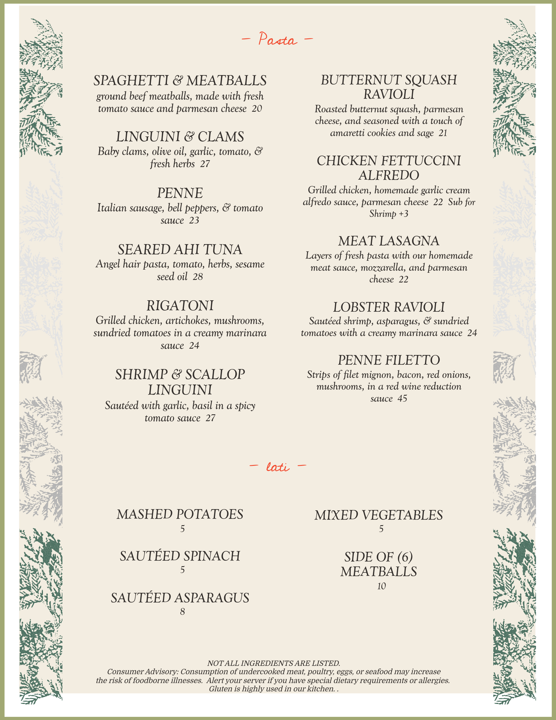 Dinner Menu — Olivios Trattoria