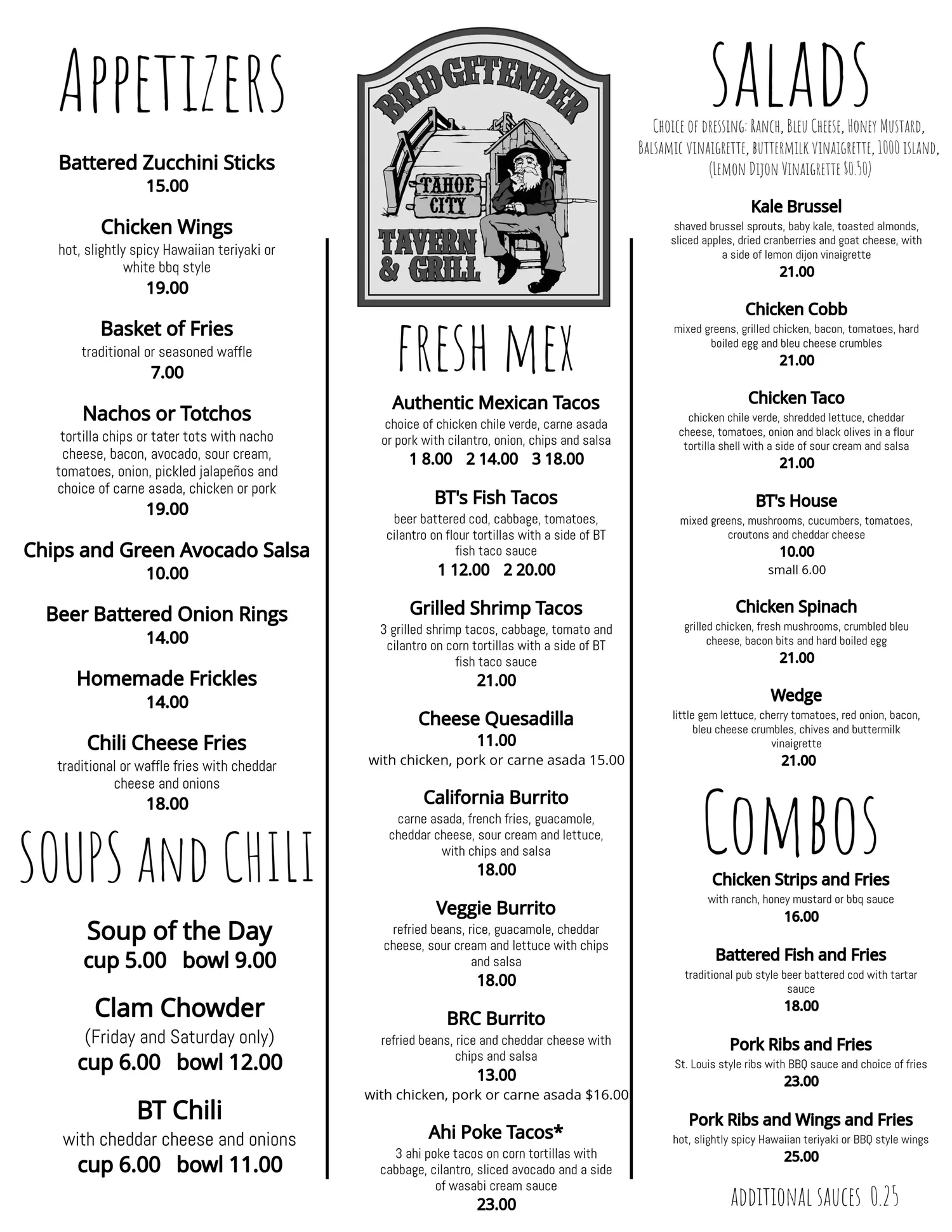 Current Menus — Bridgetender Tavern