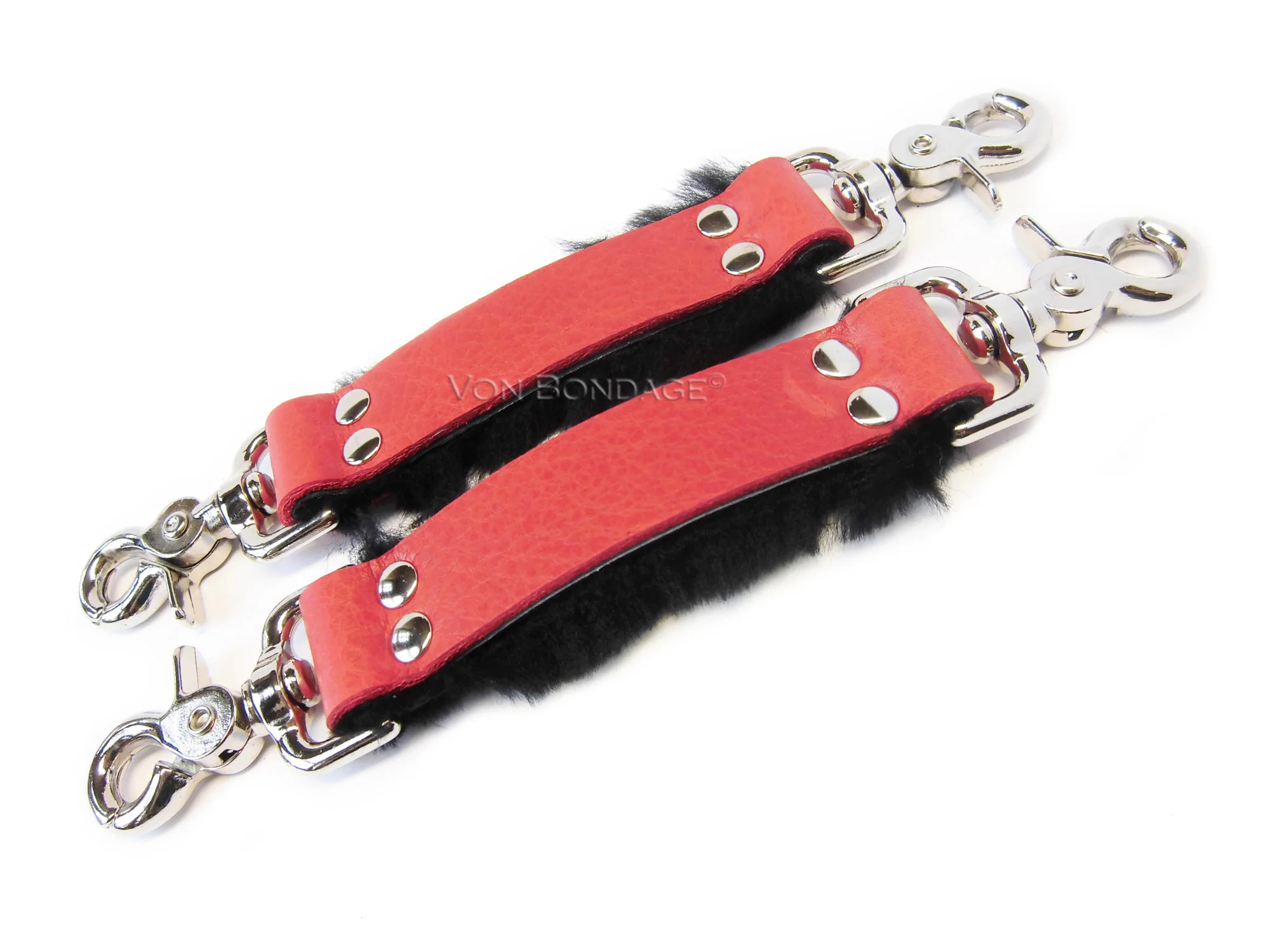BDSM Restraint Straps, Red Leather w/Black Sheepskin- pair, 10"