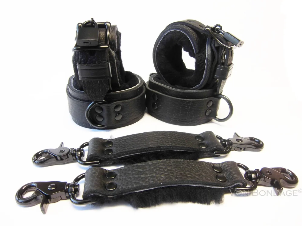 Sheepskin BDSM Restraints Set with Black D-rings & Straps — Von Bondage