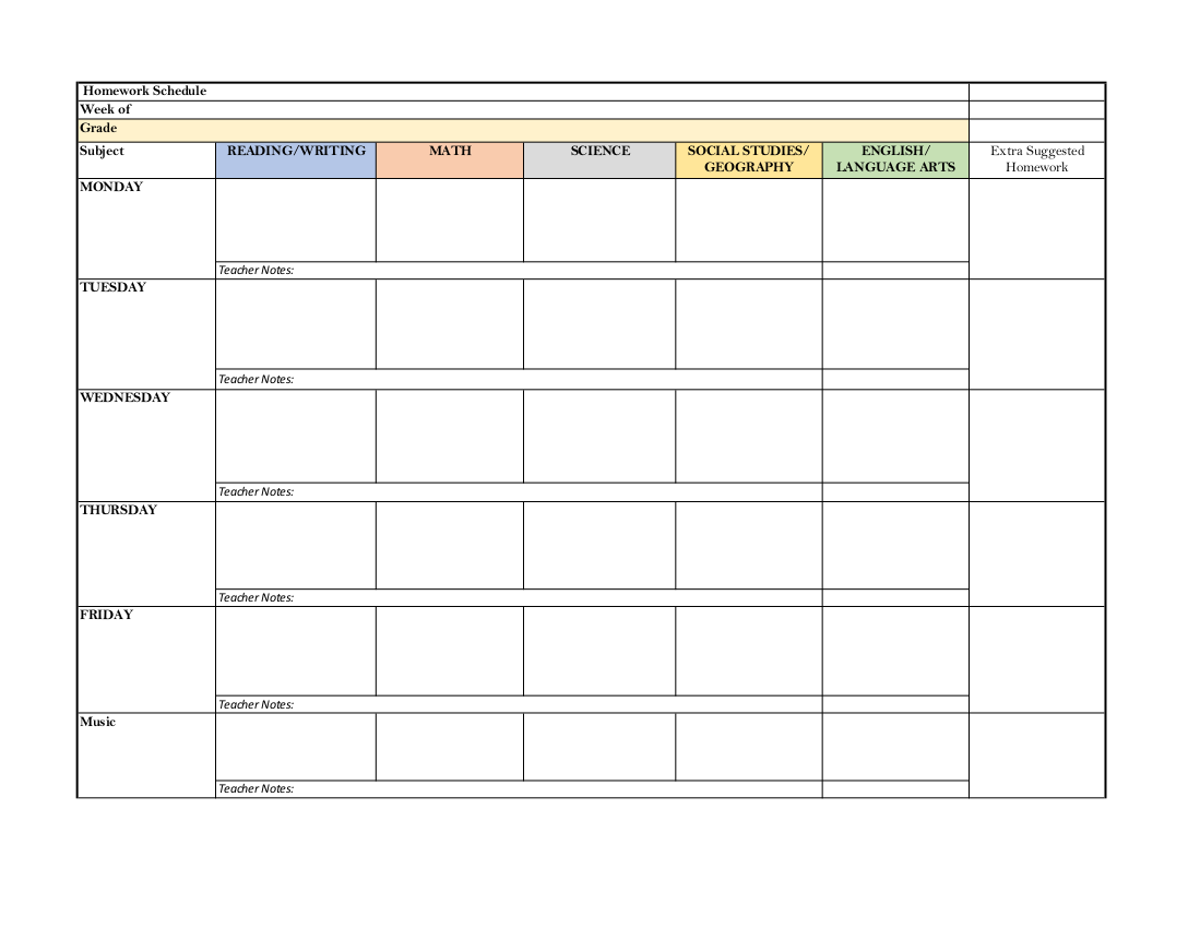 Weekly Homework Chart