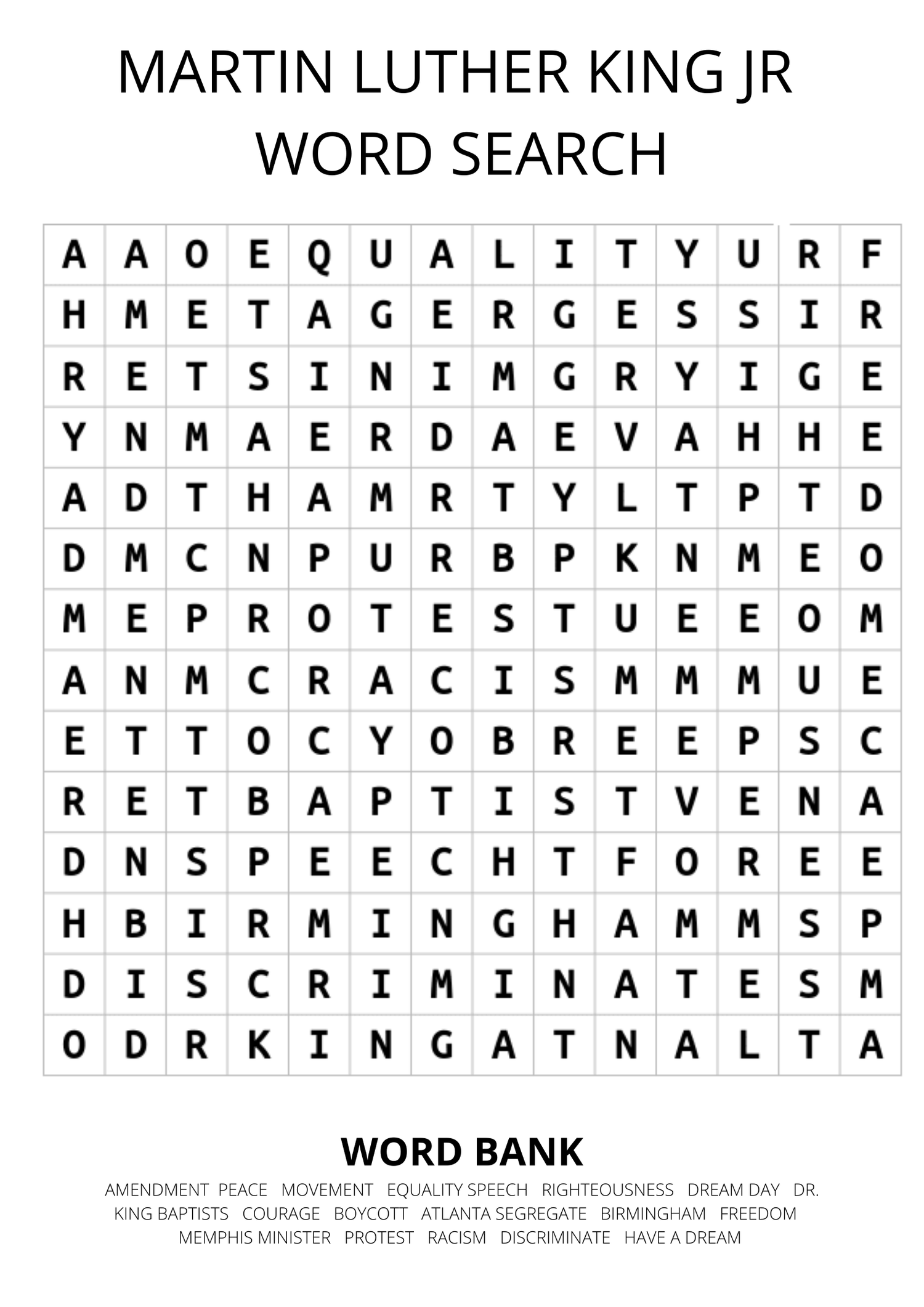 Martin Luther King Jr Word Search