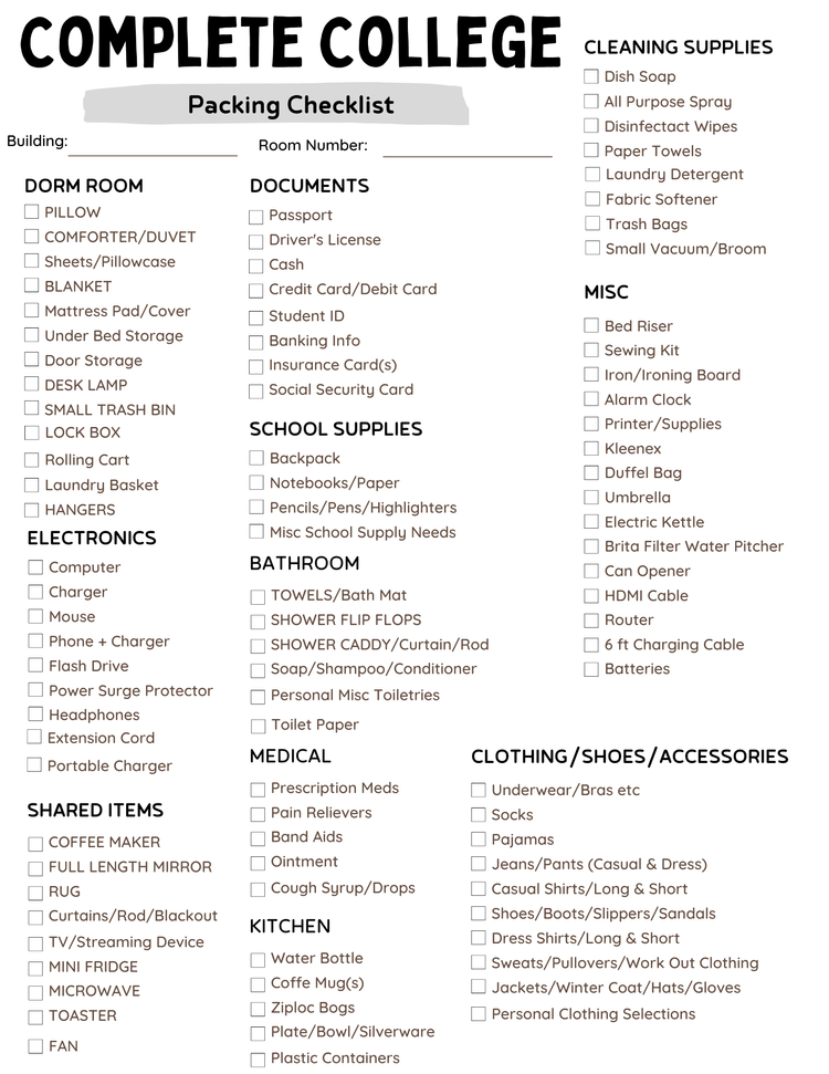Free Printable College Packing List — Tiaras & Tantrums