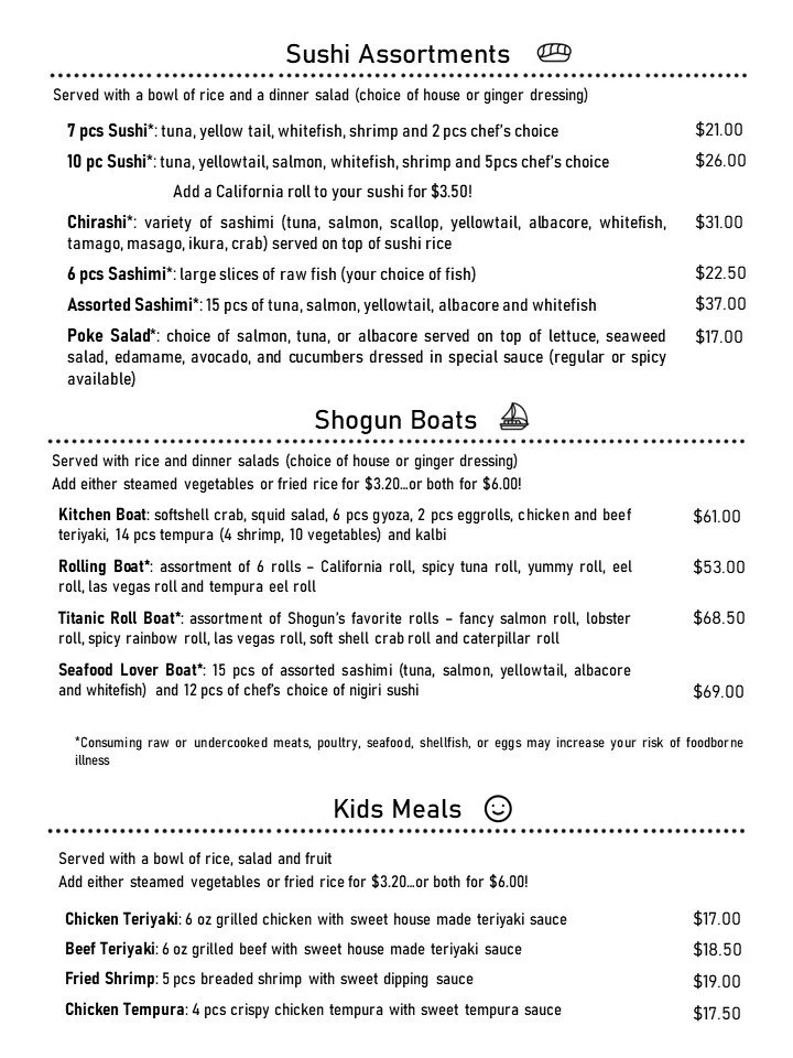 Dinner Menu — SHOGUN