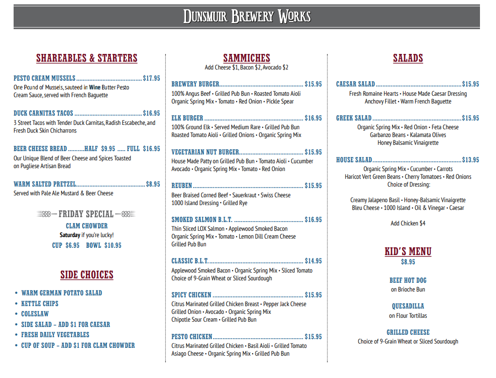Menu — Dunsmuir Brewery Works