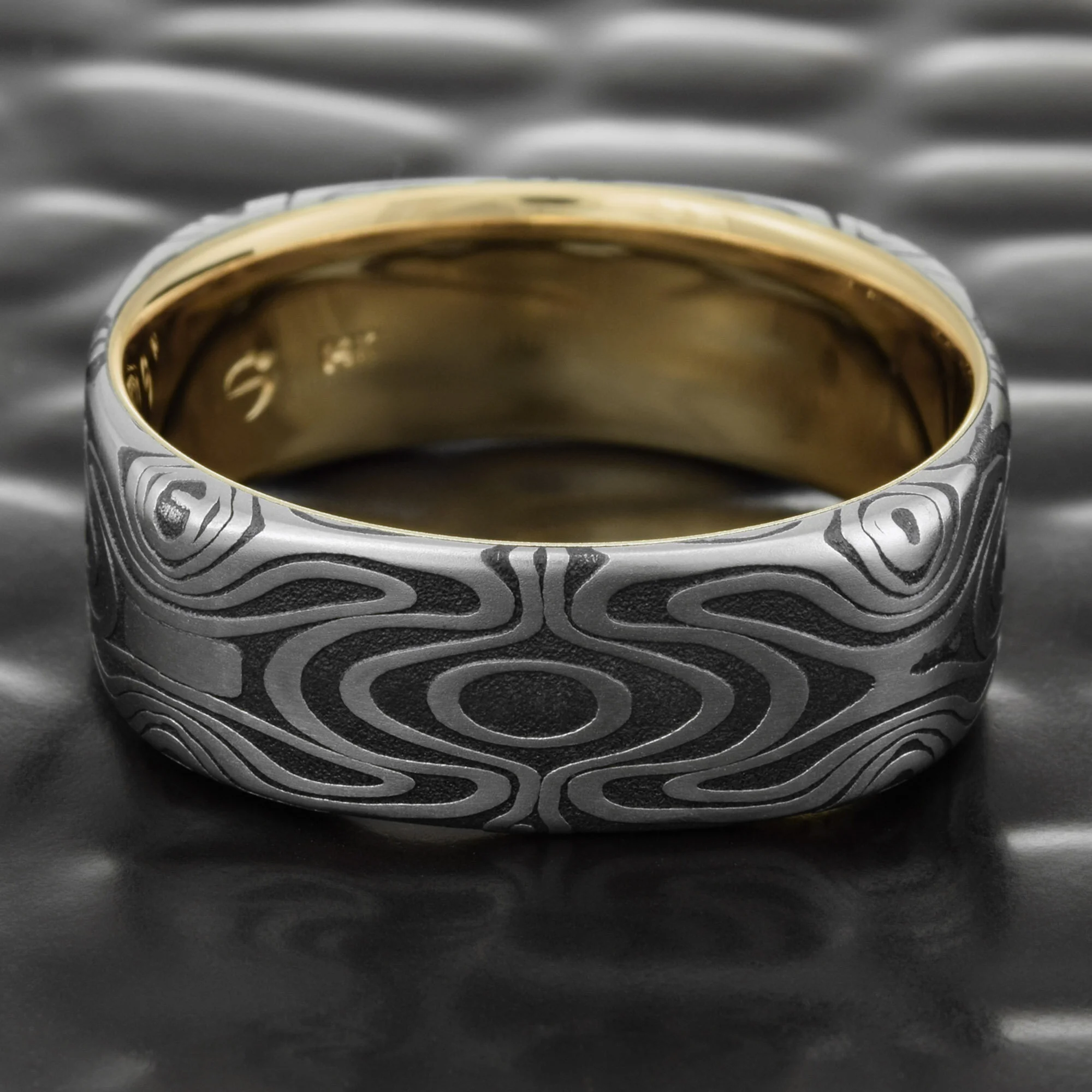 Square Damascus Ring with 14K Yellow Gold Liner and Dark Fire Oxide ...