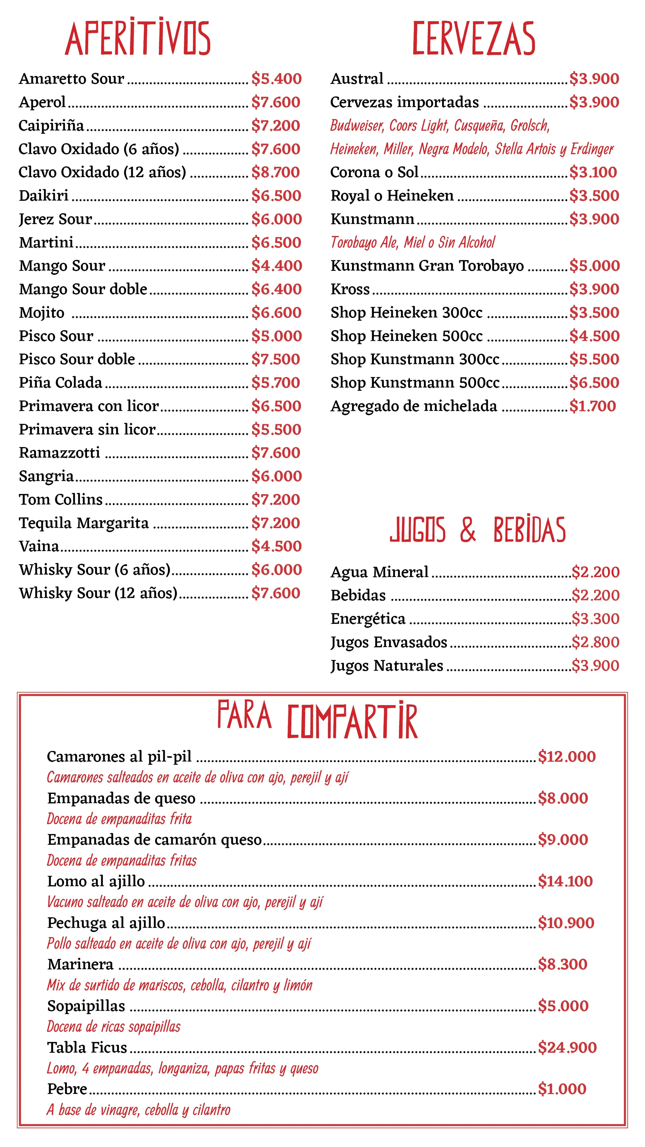 Menú Restaurante — Ficus Restaurante