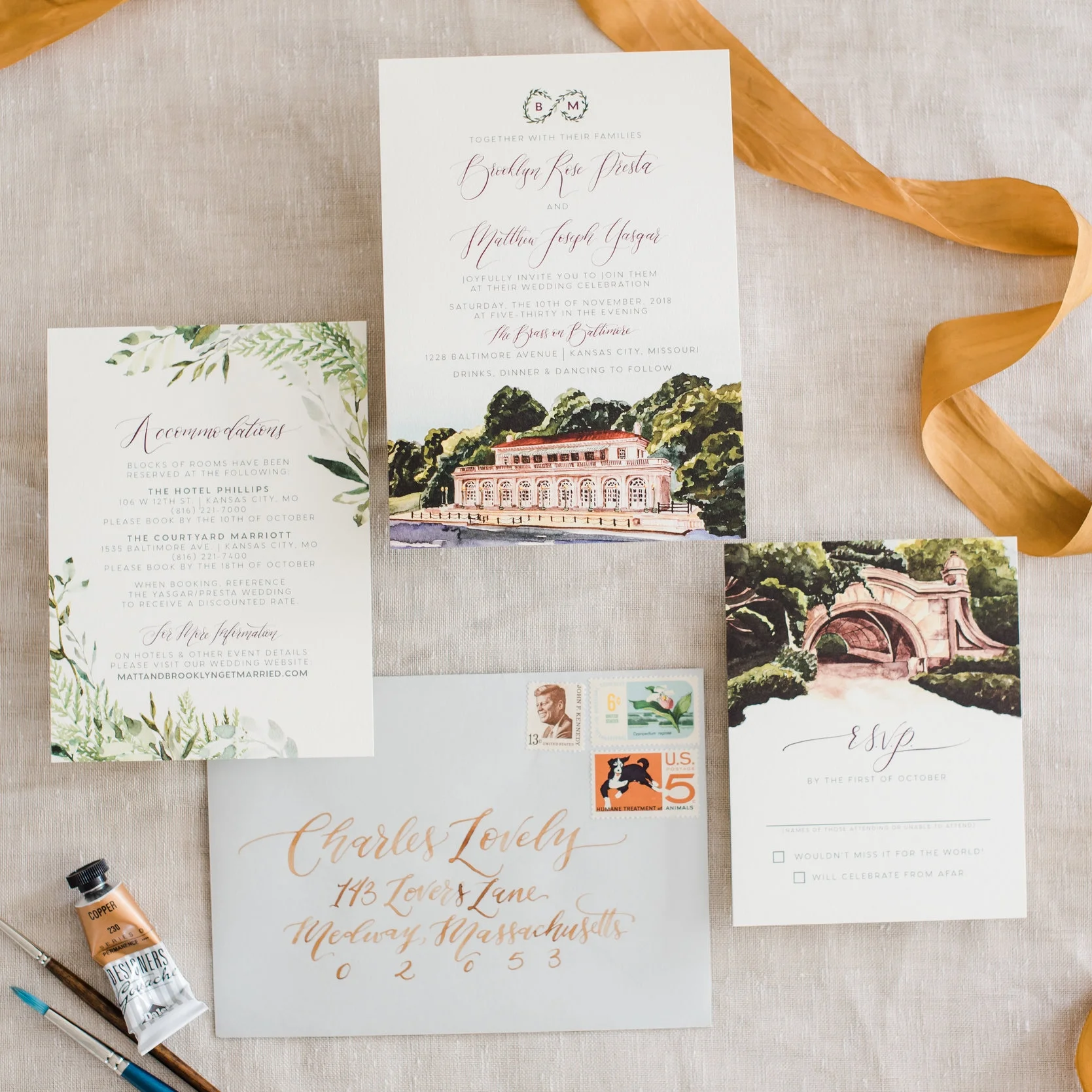 Custom Wedding Invitation with Watercolor Venue Illustration Watercolor ...