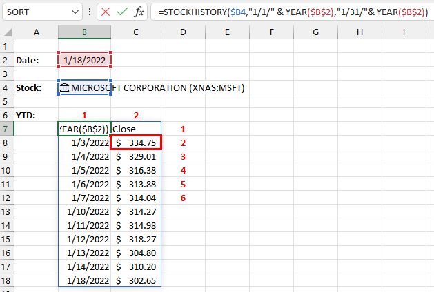 Determine Ytd Stock Growth With Excels Stockhistory Function