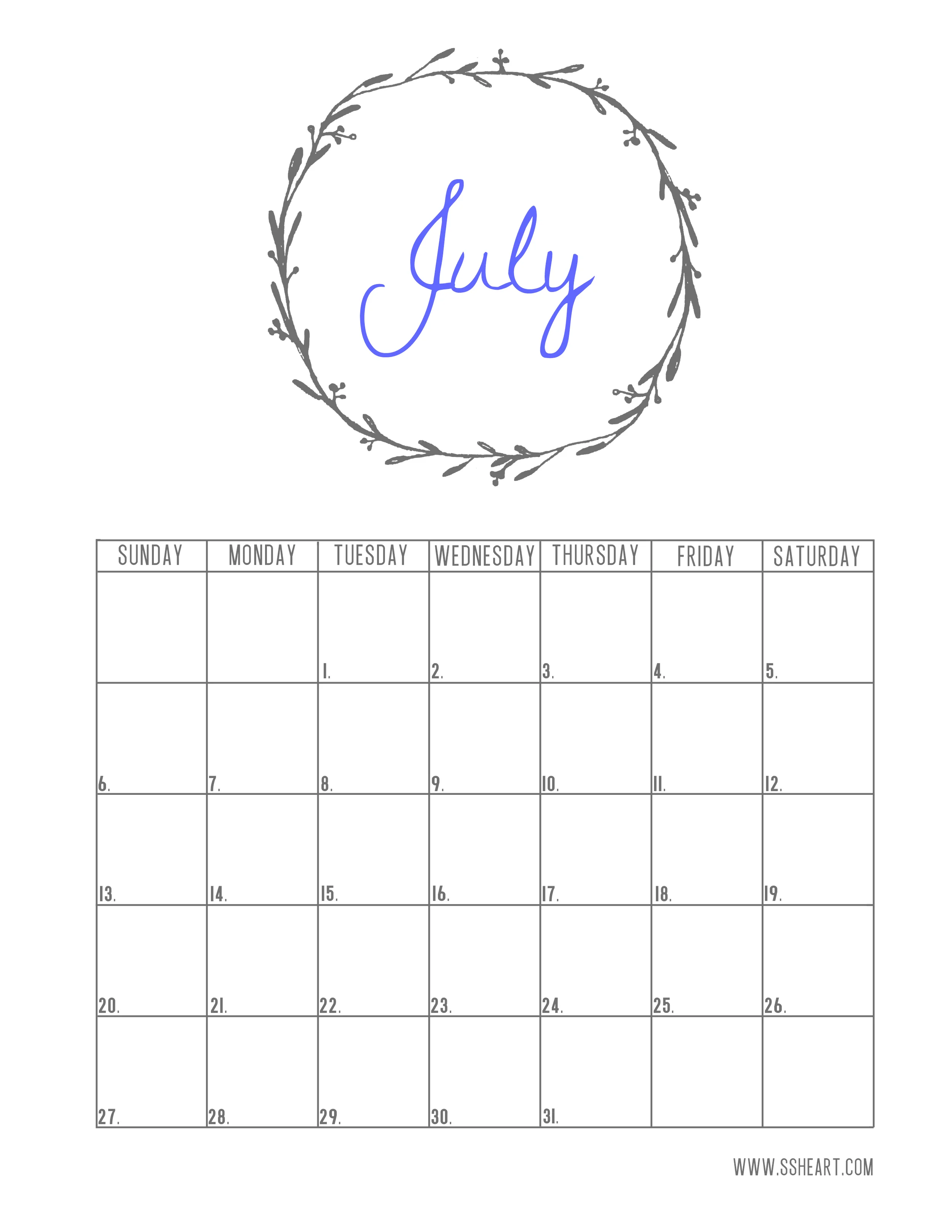JULY PRINTABLE CALENDAR — LAURA LIIRA