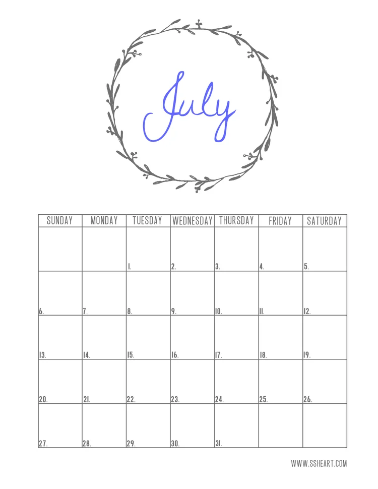 JULY PRINTABLE CALENDAR — LAURA LIIRA