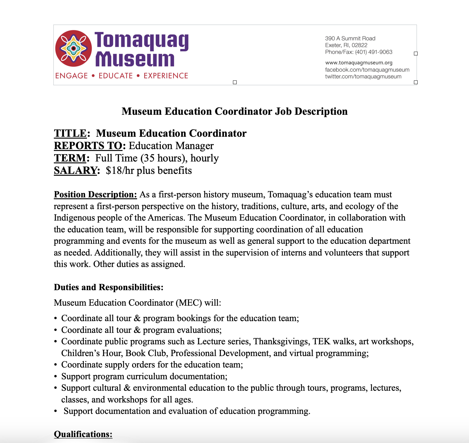 Tomaquag Museum Jobs