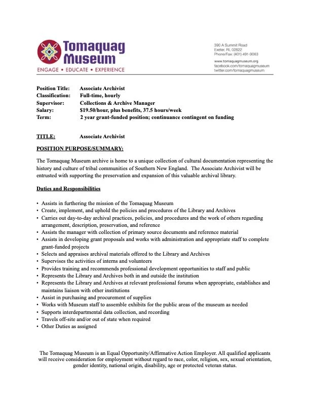 Tomaquag Museum Jobs