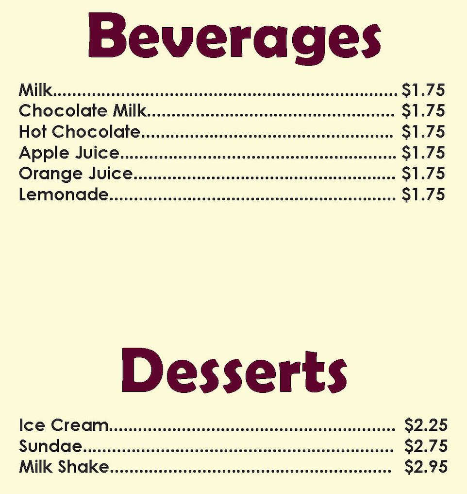 Kids Menu — Hi-View Restaurant