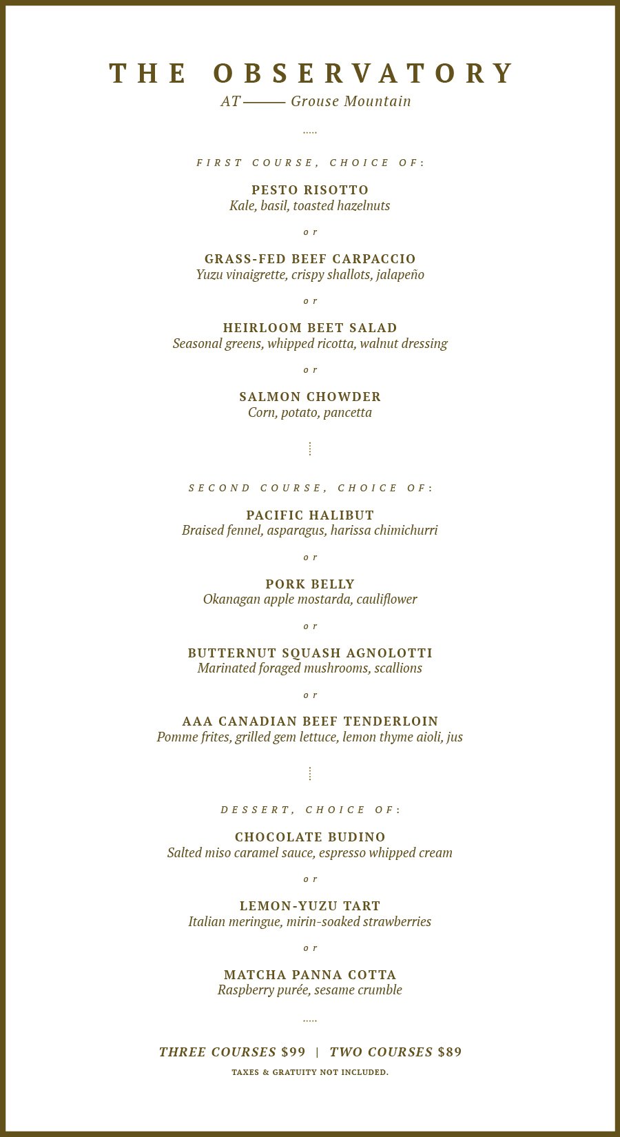 Observatory Menu — The Observatory Restaurant